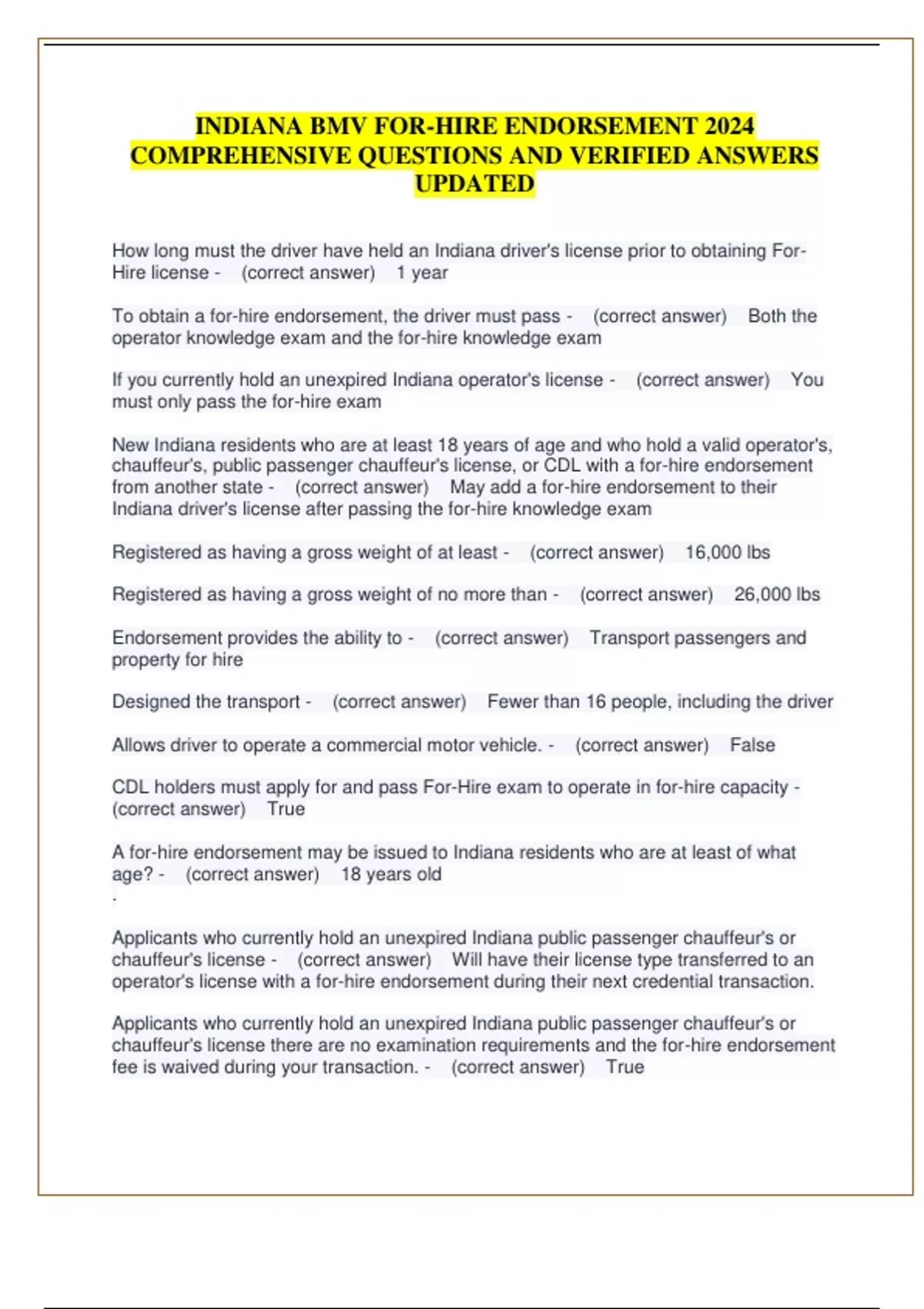 Indiana BMV For-Hire Endorsement 2024 COMPREHENSIVE QUESTIONS AND ...