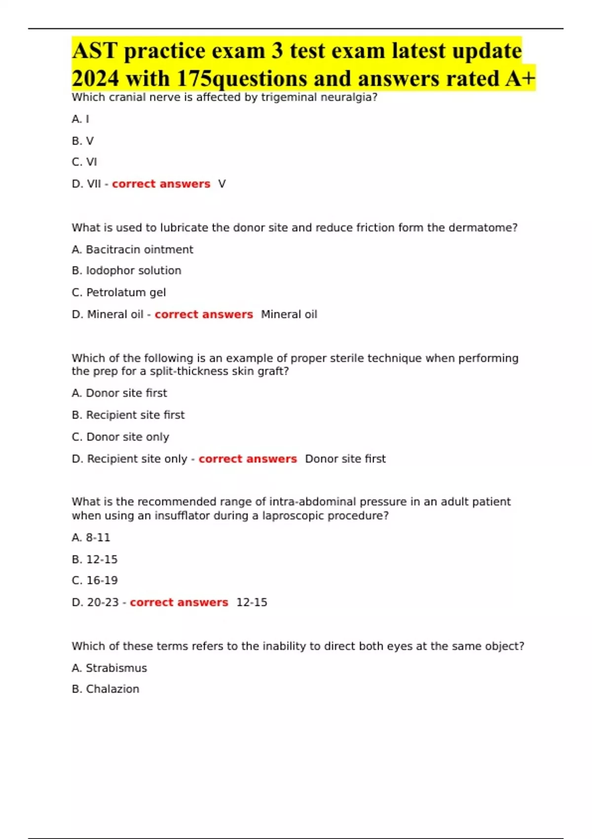 AST practice exam 3 test exam latest update 2024 with 175questions and ...