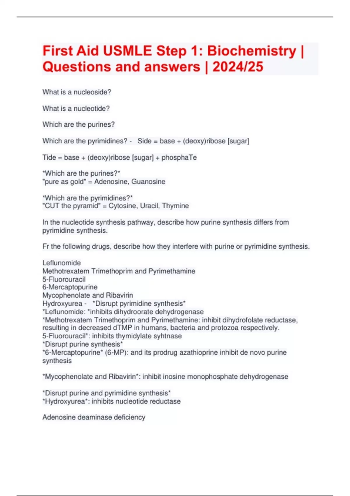 First Aid USMLE Step 1: Biochemistry | Questions and answers | 2024/25 ...