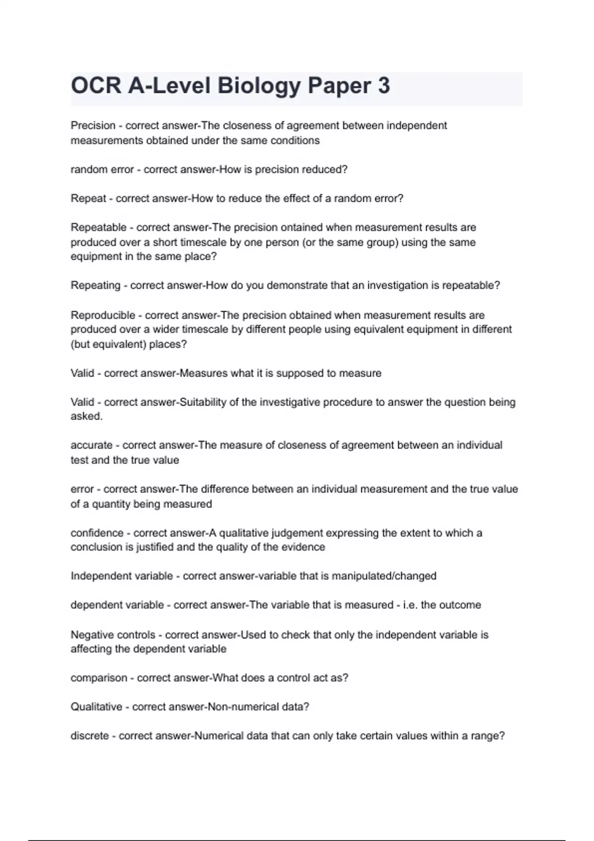 OCR A-Level Biology Paper 3 questions & answers - OCR \\ - Stuvia US