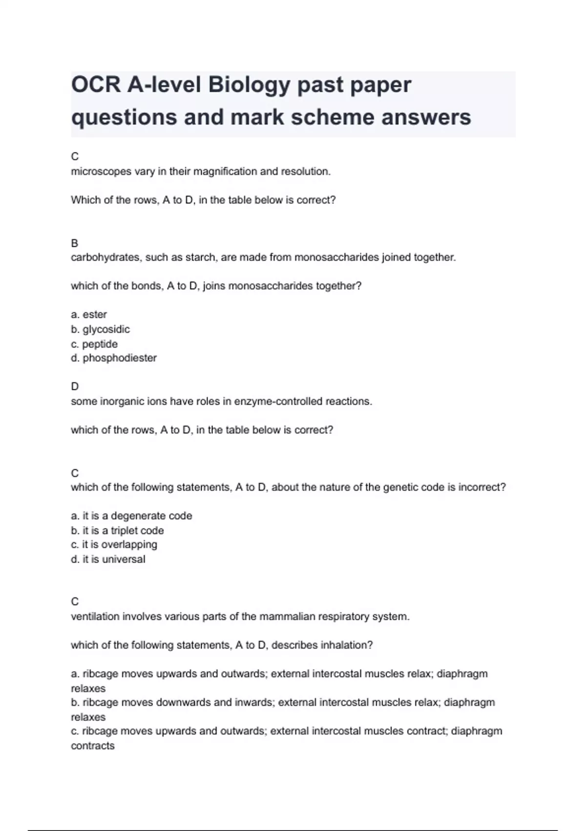 OCR A-level Biology past paper questions and mark scheme answers - OCR ...