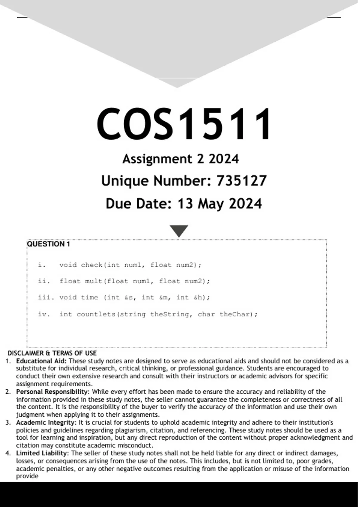 COS1511 Assignment 2 (ANSWERS) 2024 - DISTINCTION GUARANTEED - Introduction to Programming I ...