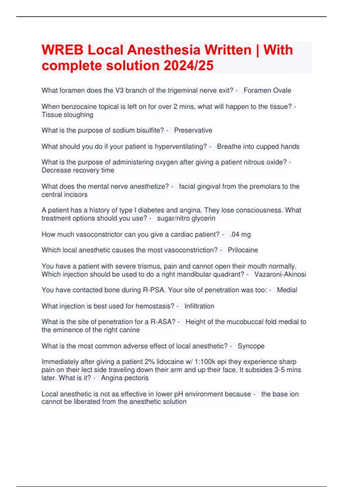 WREB Local Anesthesia Written | With complete solution 2024/25 - WREB ...