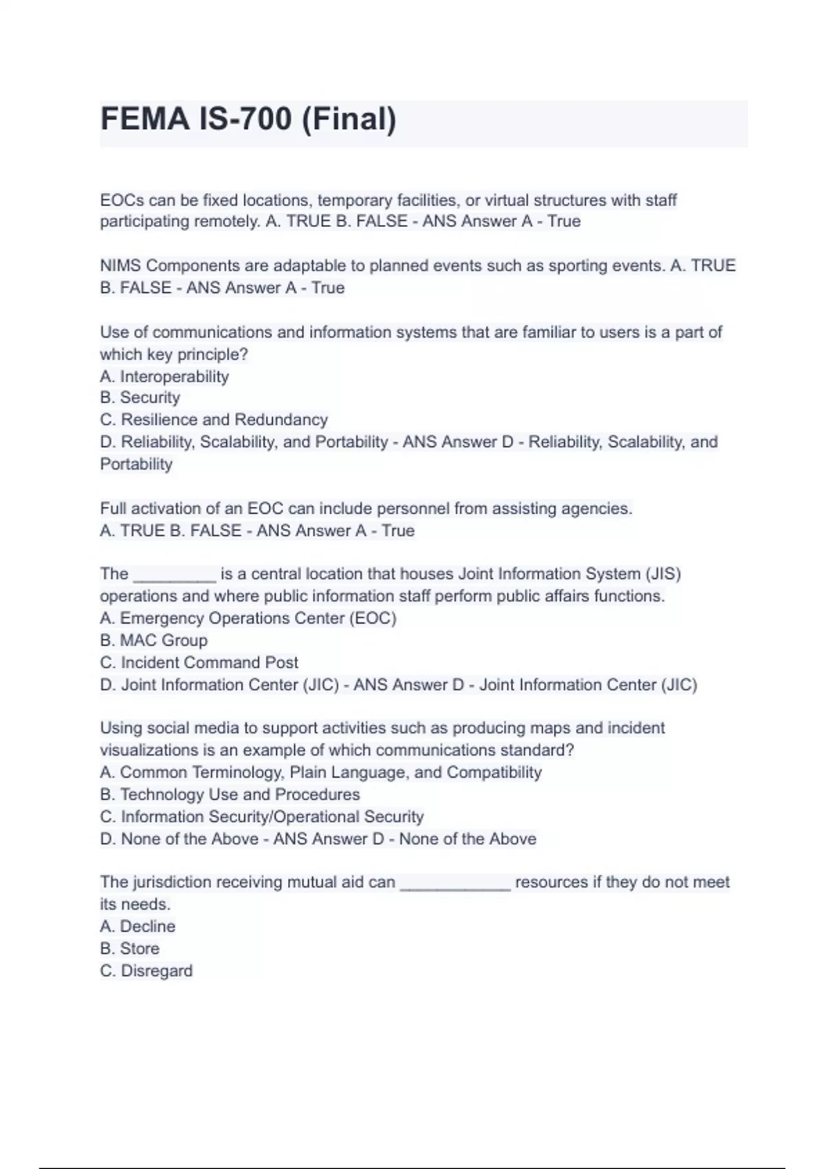 FEMA IS-700 (Final) Exam 2024/2025 Questions With Completed Solutions ...