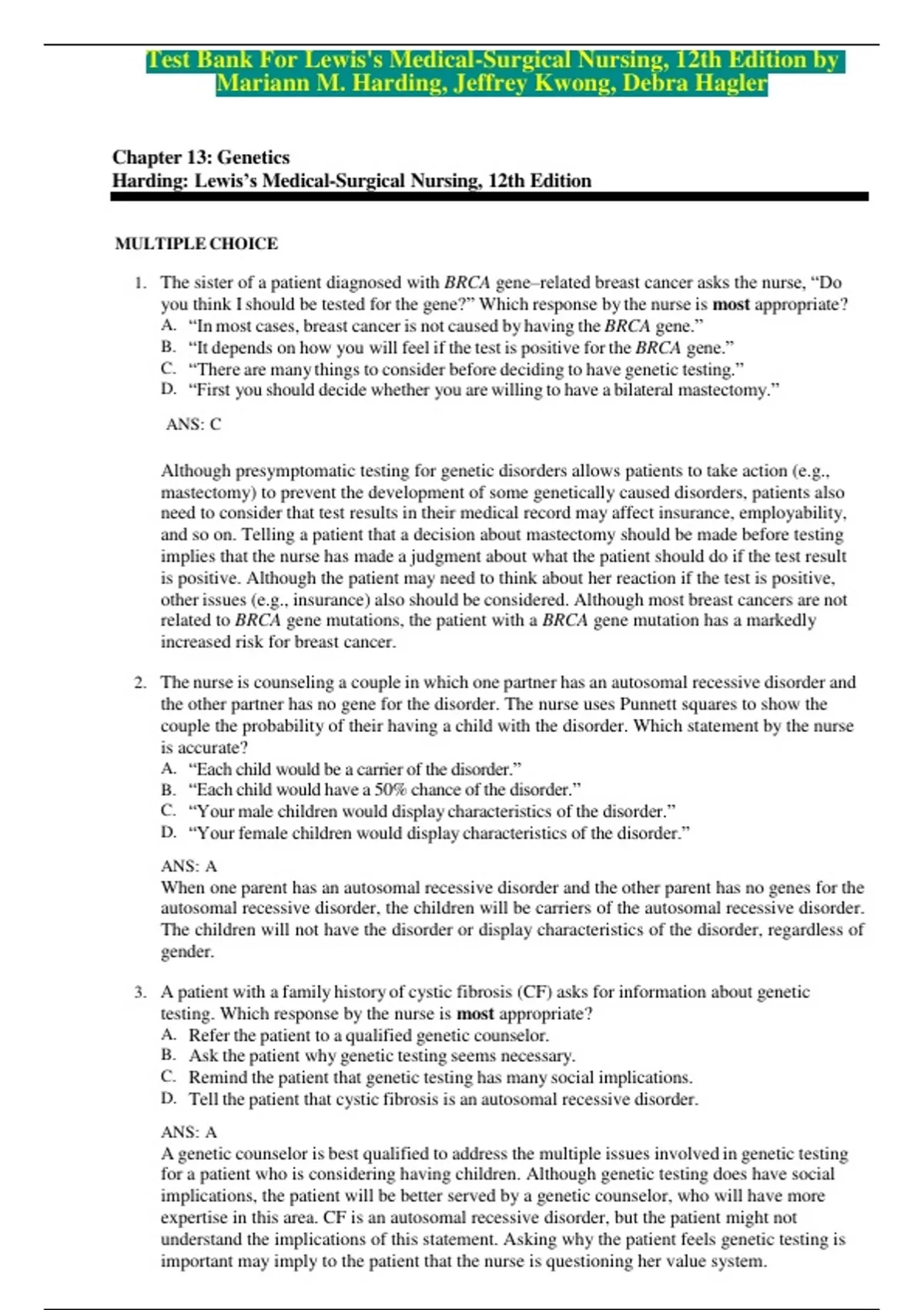 Chapter 13: Genetics Harding: Lewis’s Medical-Surgical Nursing, 12th ...