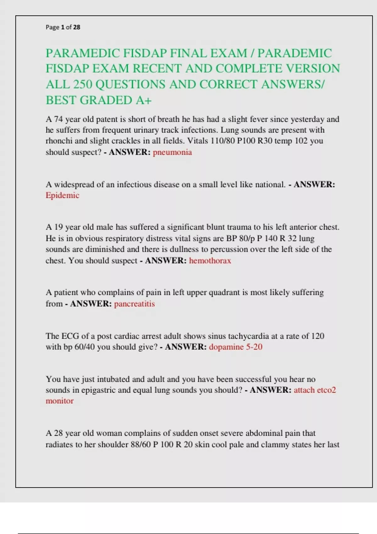 PARAMEDIC FISDAP FINAL EXAM / PARADEMIC FISDAP EXAM RECENT AND COMPLETE ...