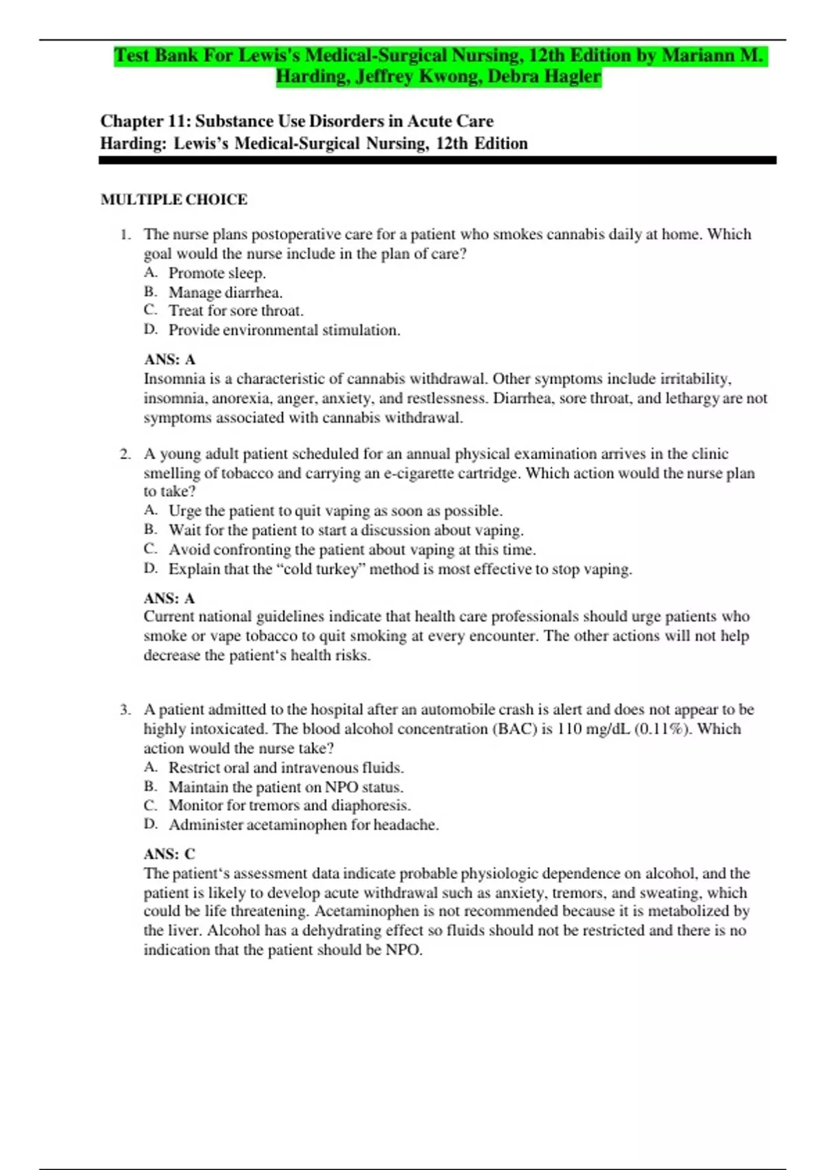 Chapter 11: Substance Use Disorders in Acute Care Harding: Lewis’s ...