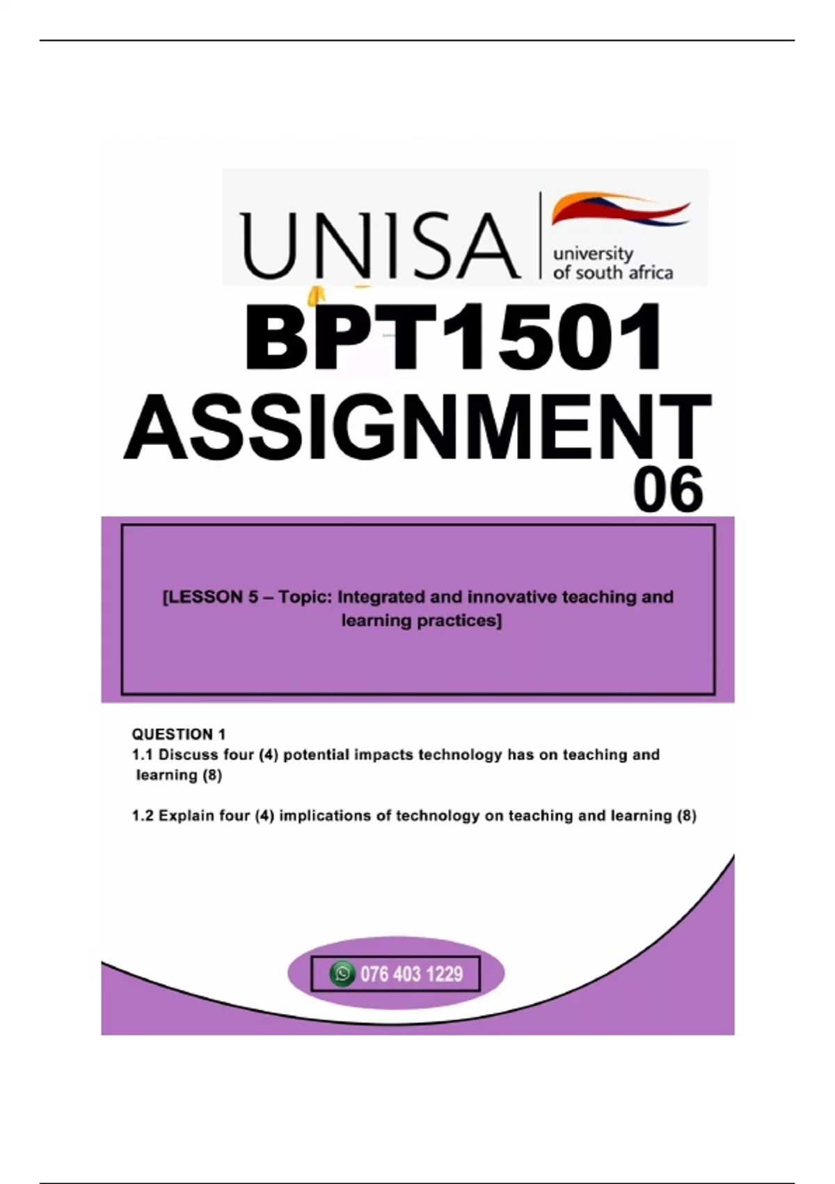 BPT1501 ASSIGNMNET 06 DUE DATE 2024 - BPT1501 - Being a Professional ...