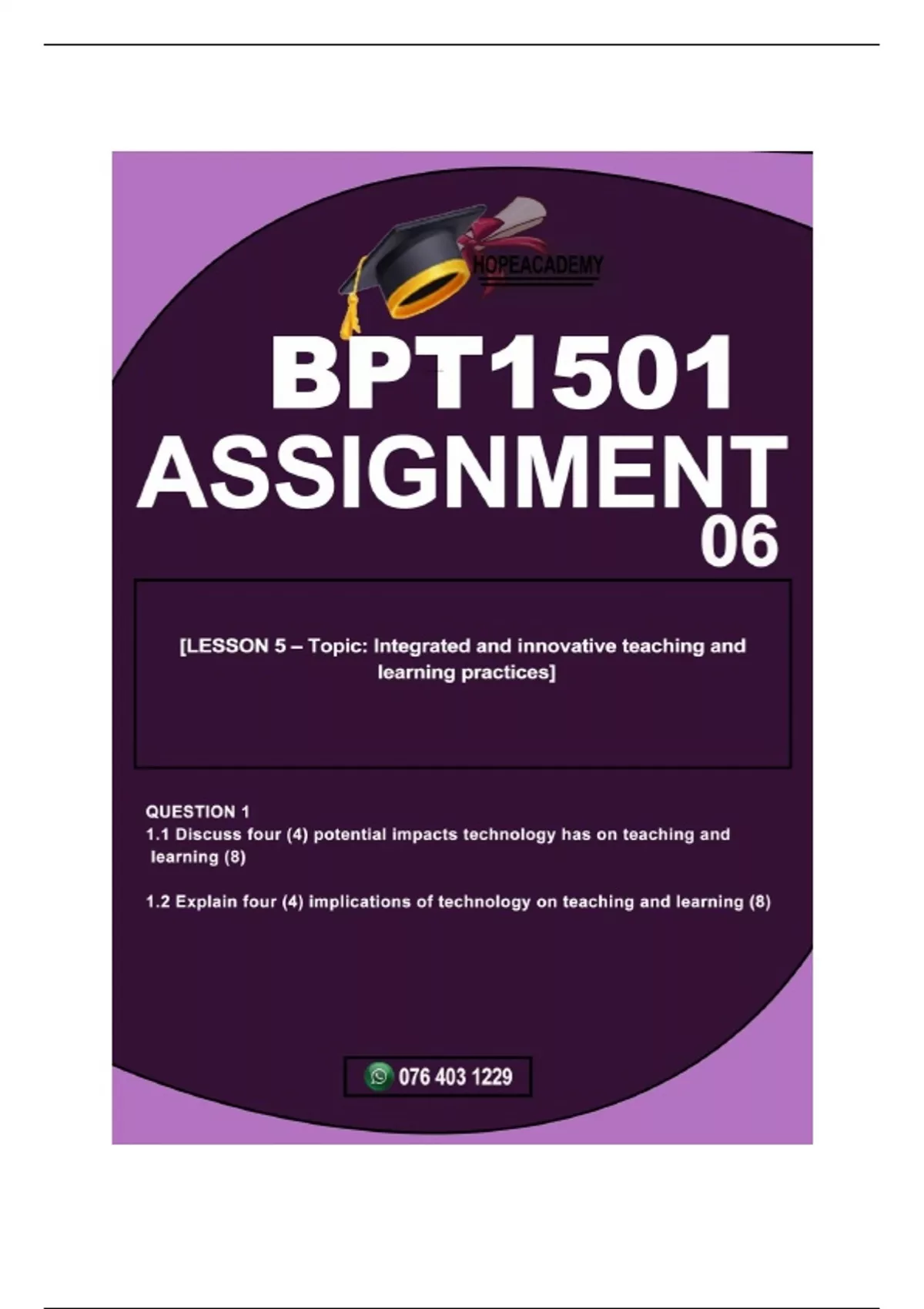 BPT1501 ASSIGNMENT06 DUE 2024 - BPT1501 - Being a Professional Teacher ...