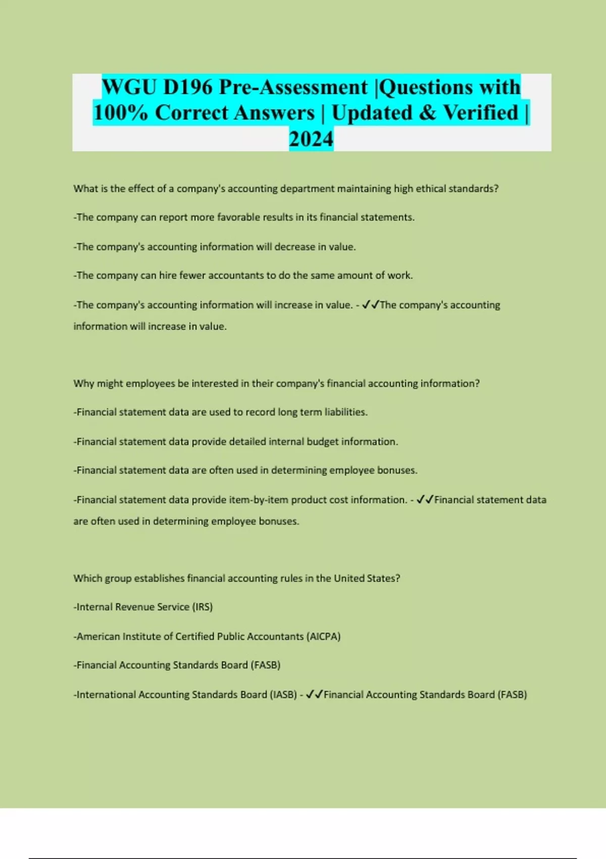 WGU D196 Pre-Assessment |Questions with 100% Correct Answers | Updated ...