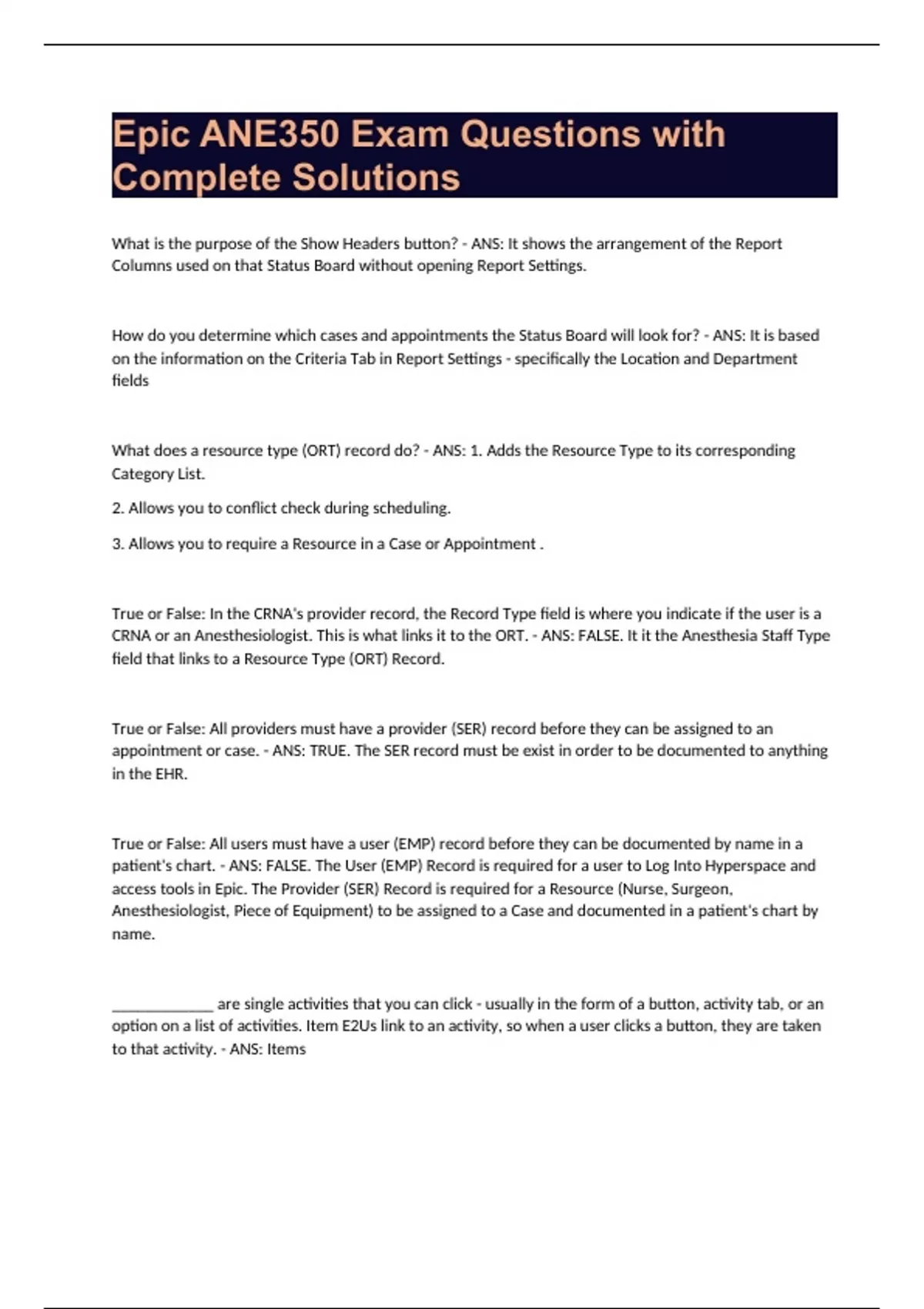 Epic ANE350 Exam Questions with Complete Solutions - Epic Training - Stuvia US