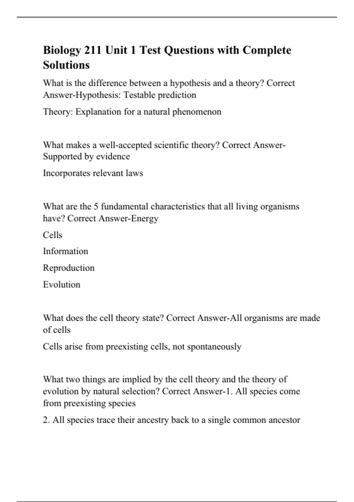 Biology 211 Unit 1 Test Questions with Complete Solutions - Biology ...