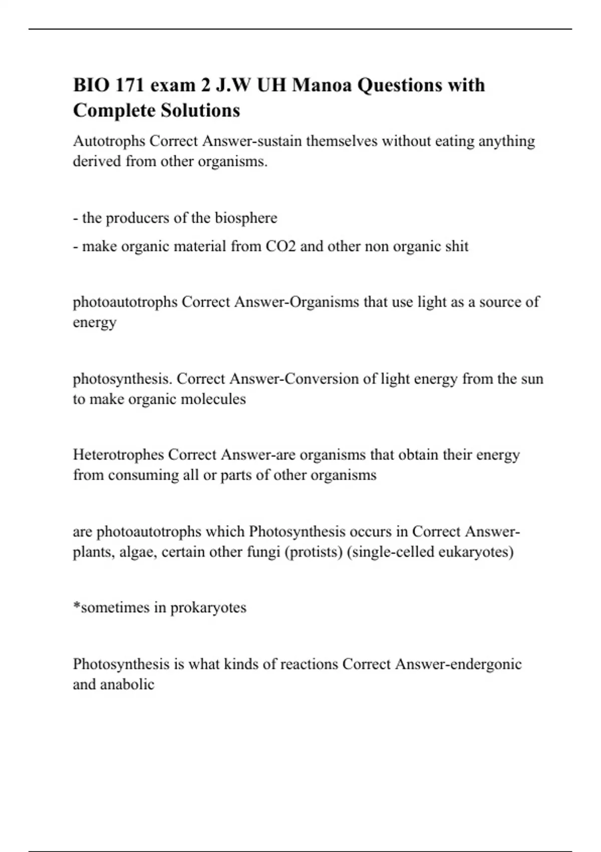 BIO 171 exam 2 J.W UH Manoa Questions with Complete Solutions - Biology - Stuvia US