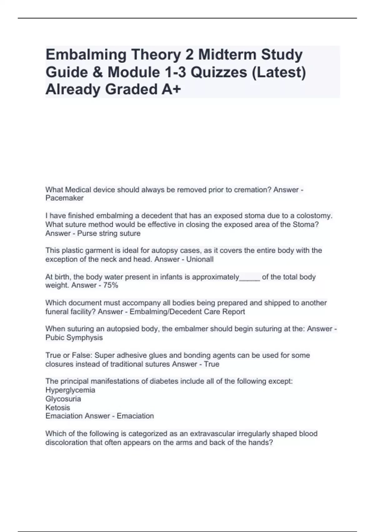 Embalming Theory 2 Midterm Study Guide & Module 1-3 Quizzes (Latest ...