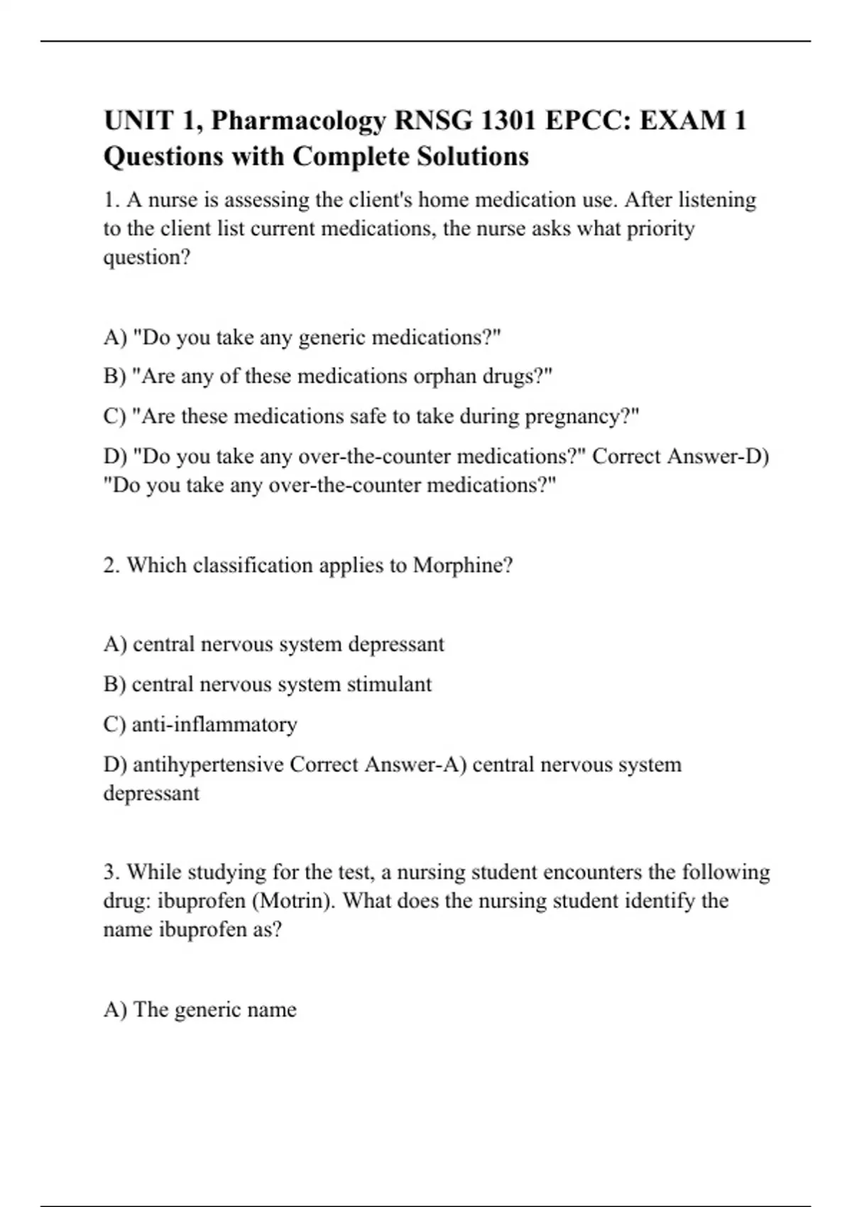 UNIT 1, Pharmacology RNSG 1301 EPCC: EXAM 1 Questions with Complete ...
