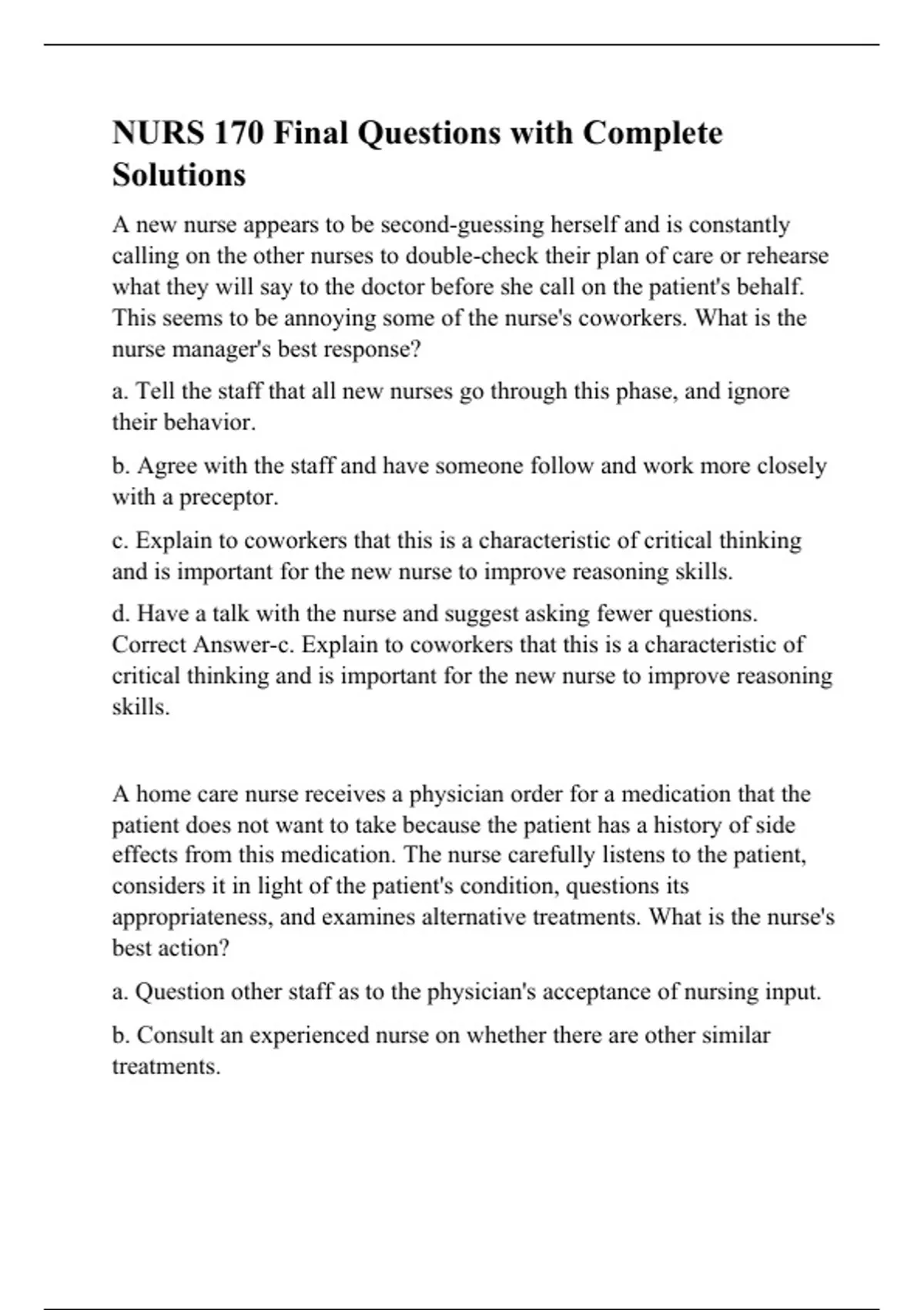 NURS 170 Final Questions with Complete Solutions - RN- Nursing - Stuvia US