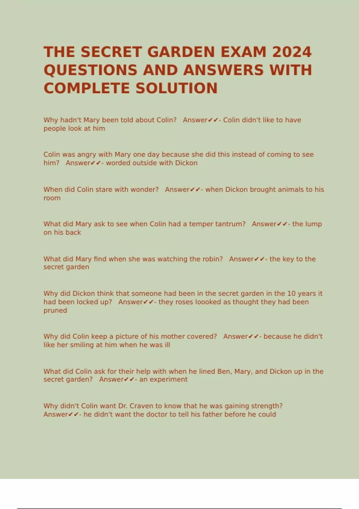 THE SECRET GARDEN EXAM 2024 QUESTIONS AND ANSWERS WITH COMPLETE ...