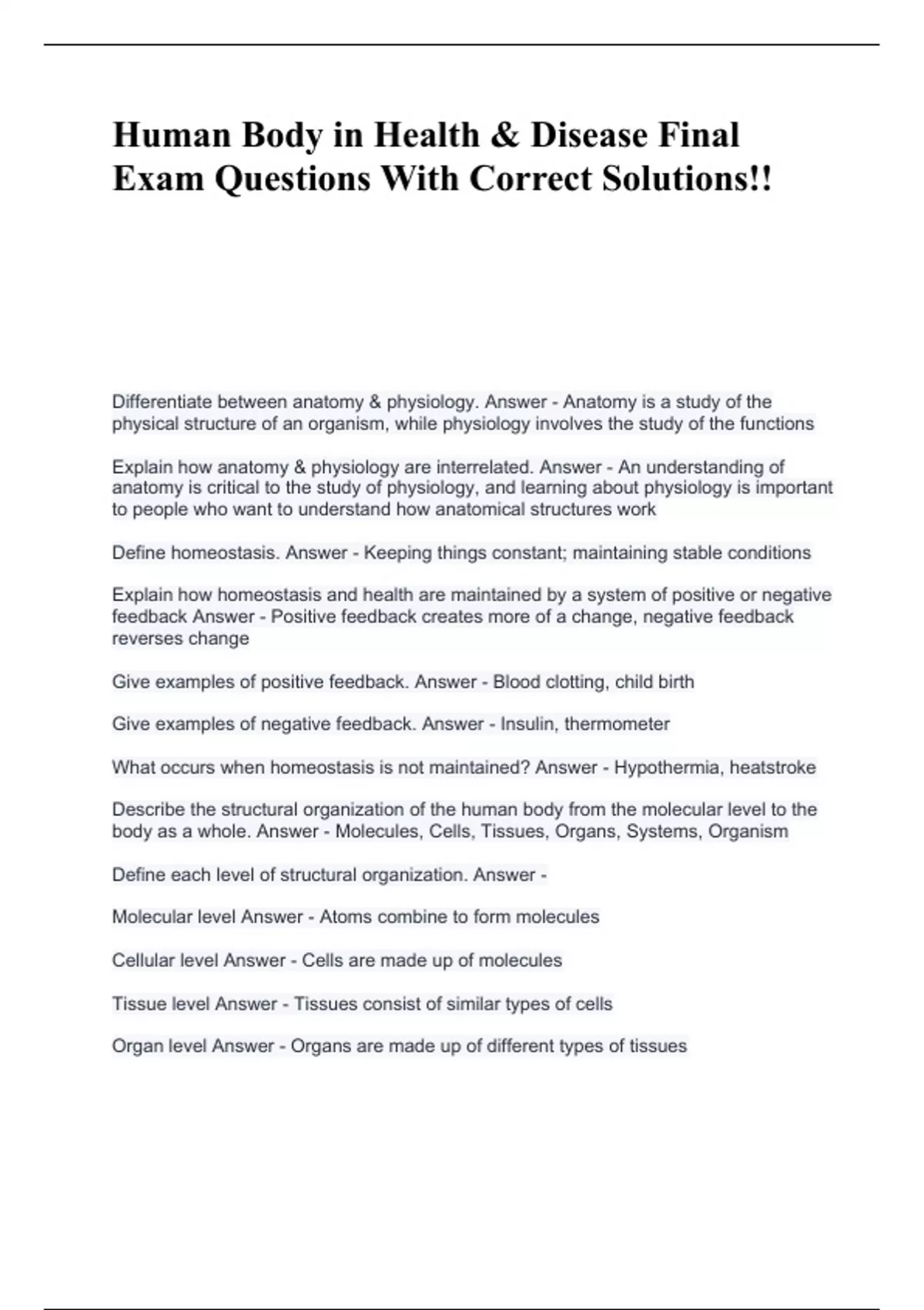 Human Body in Health & Disease Final Exam Questions With Correct ...