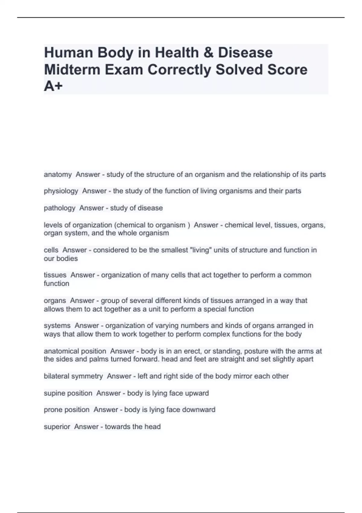 Human Body in Health & Disease Midterm Exam Correctly Solved Score A+ ...