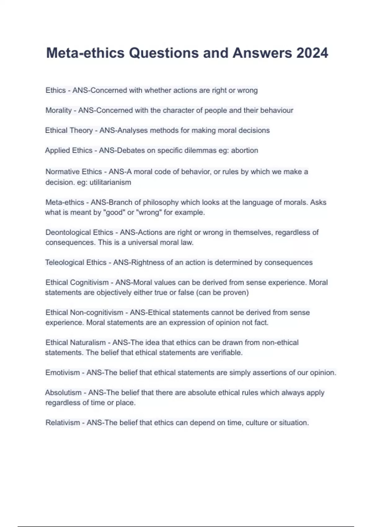 Meta-ethics Questions and Answers 2024 with complete solution - Meta ...