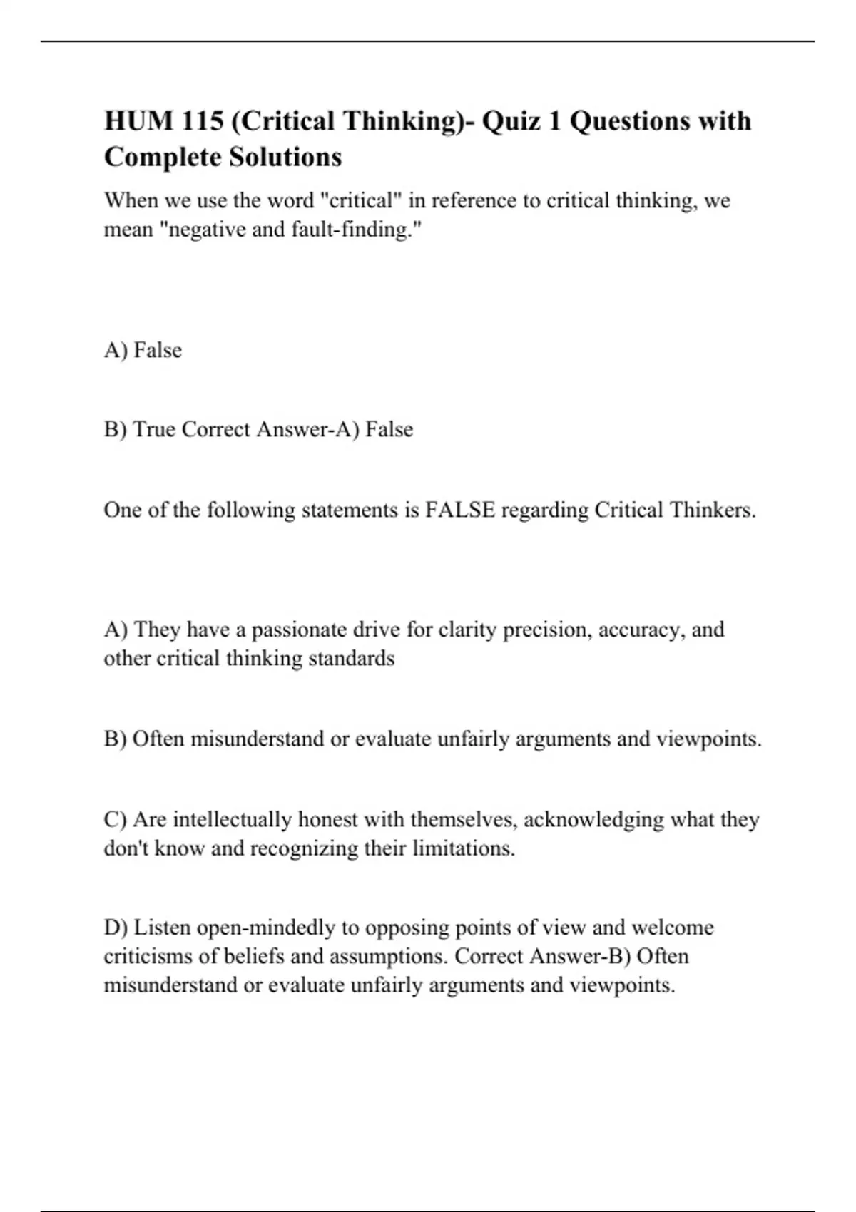 HUM 115 (Critical Thinking)- Quiz 1 Questions with Complete Solutions - RN- Nursing - Stuvia US