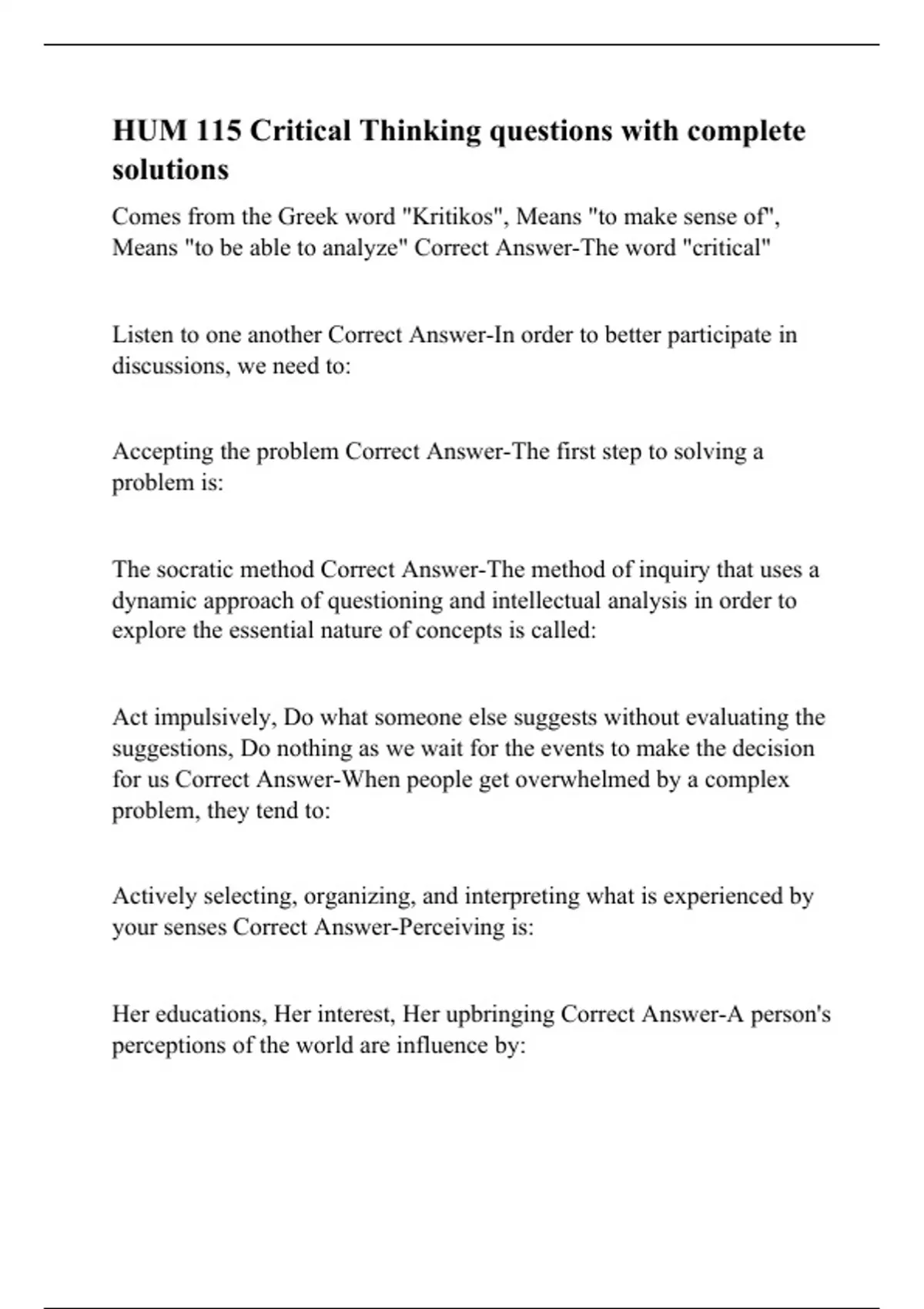 HUM 115 Critical Thinking questions with complete solutions - RN ...
