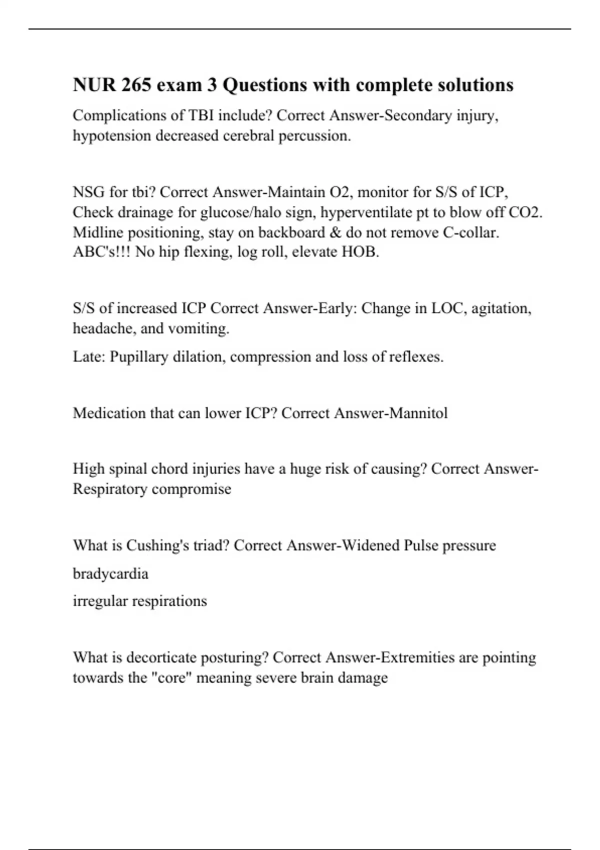 NUR 265 exam 3 Questions with complete solutions - RN- Nursing - Stuvia US