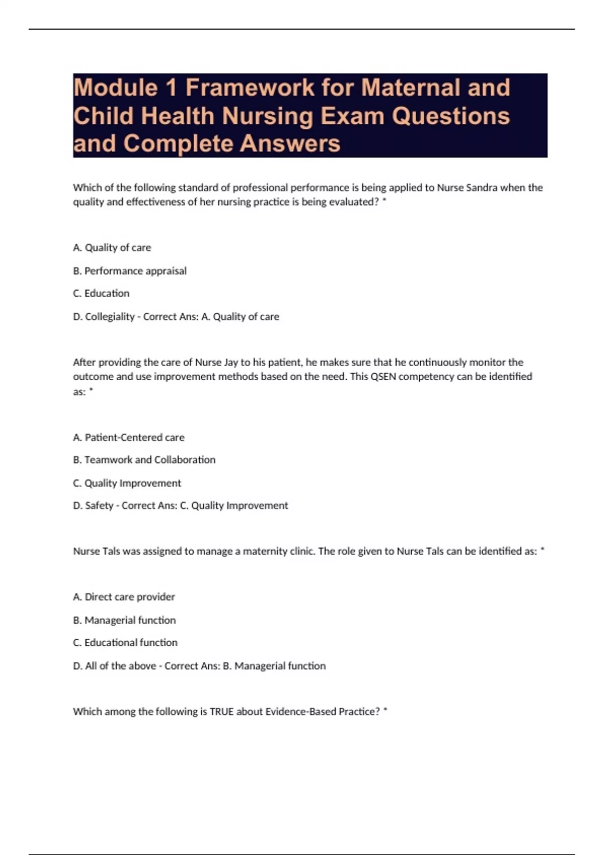 Module 1 Framework for Maternal and Child Health Nursing Exam Questions and Complete Answers ...