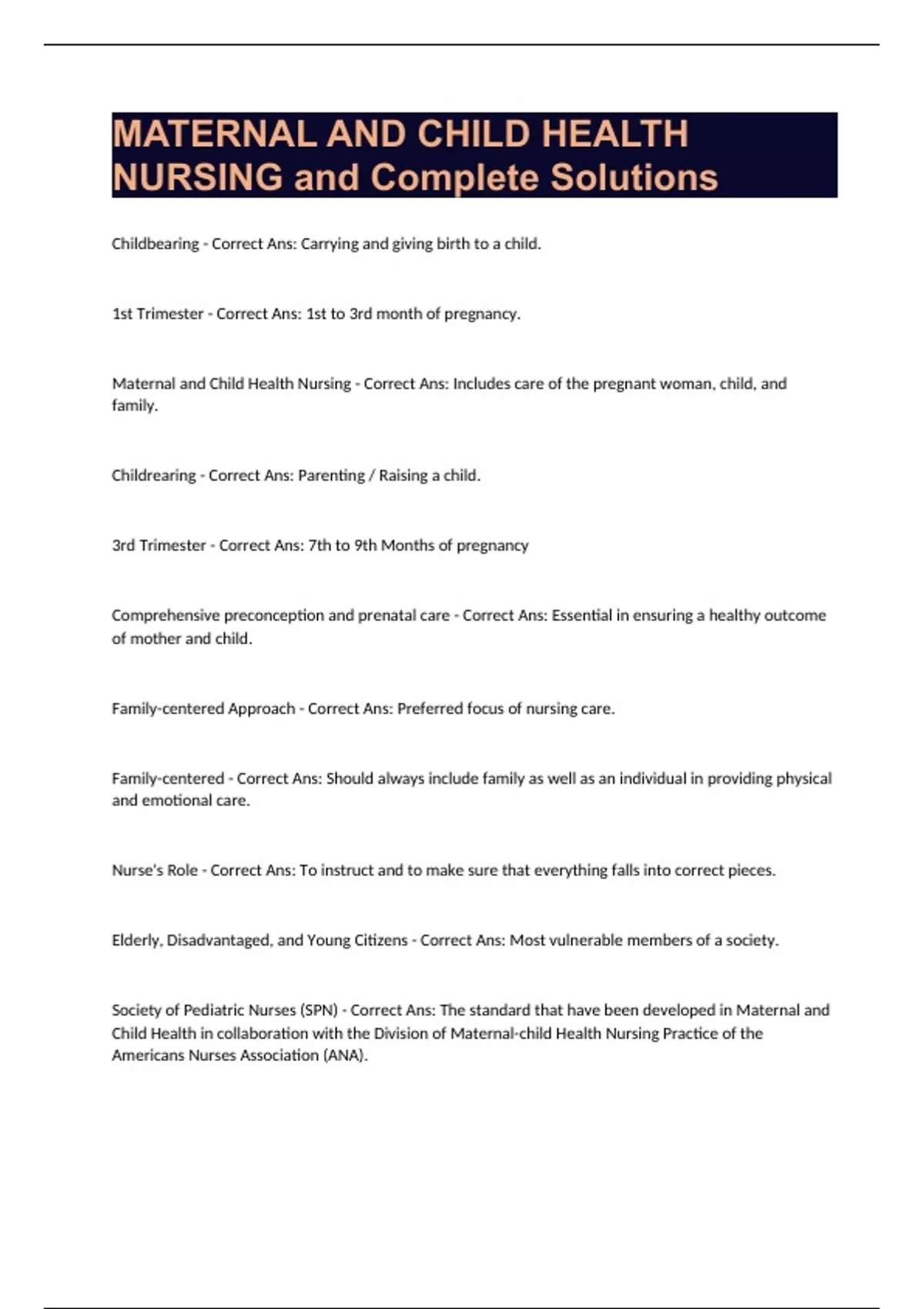 MATERNAL AND CHILD HEALTH NURSING and Complete Solutions - Maternal ...