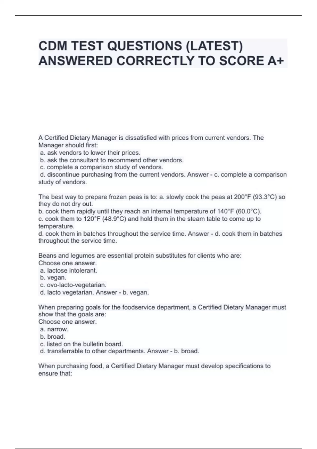 CDM TEST QUESTIONS (LATEST) ANSWERED CORRECTLY TO SCORE A+ - CDM ...