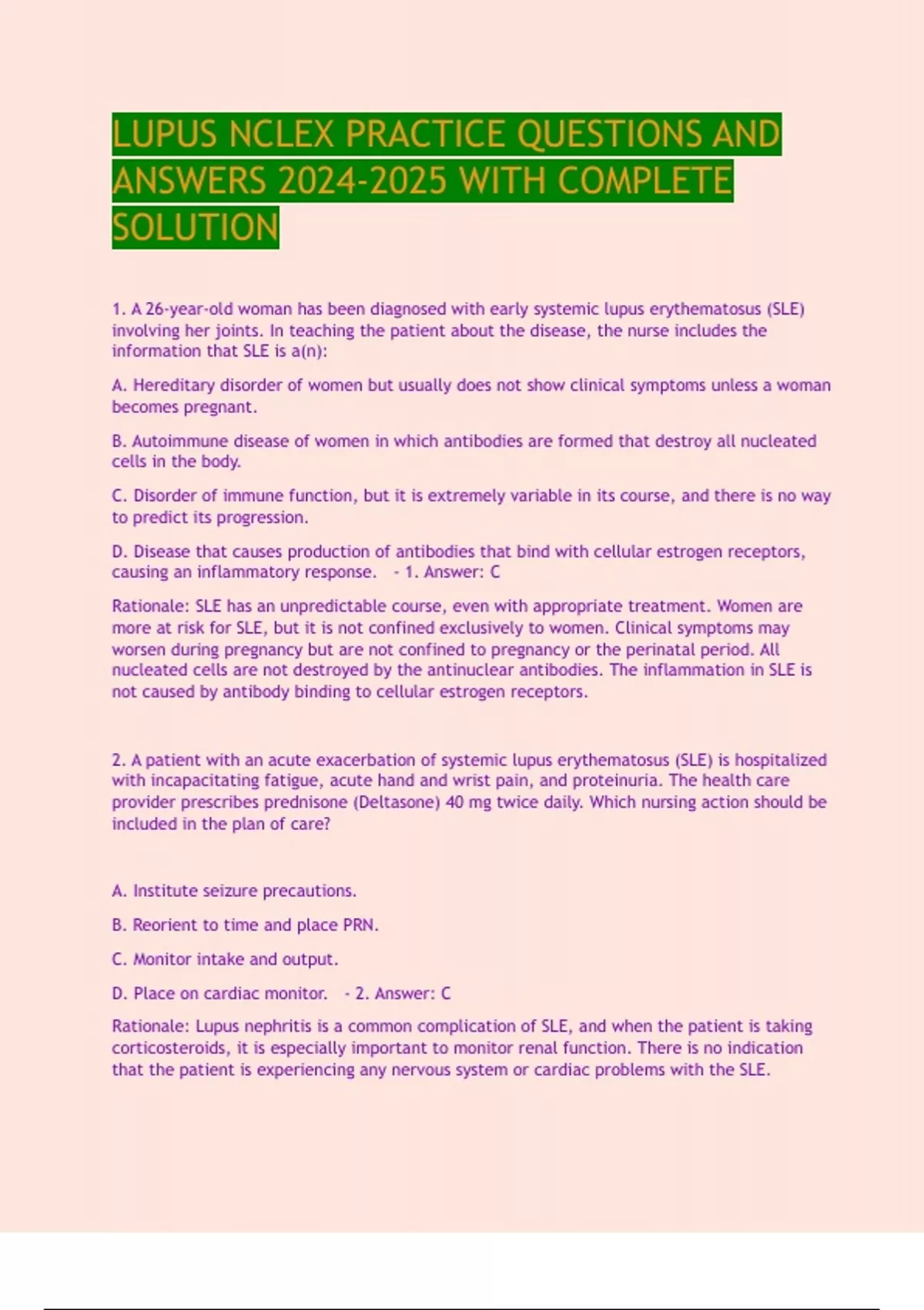 LUPUS NCLEX PRACTICE QUESTIONS AND ANSWERS WITH COMPLETE SOLUTION ...