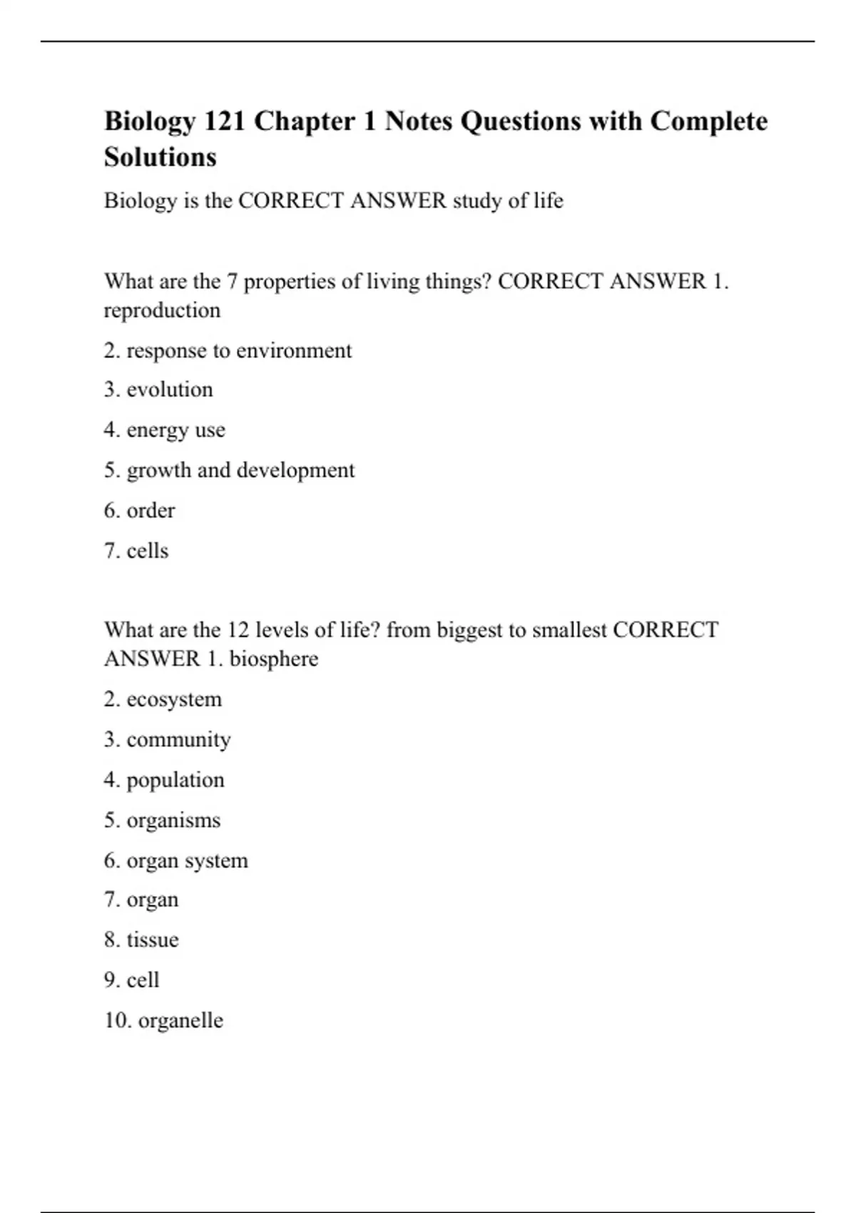 Biology 121 Chapter 1 Notes Questions with Complete Solutions - Biology ...