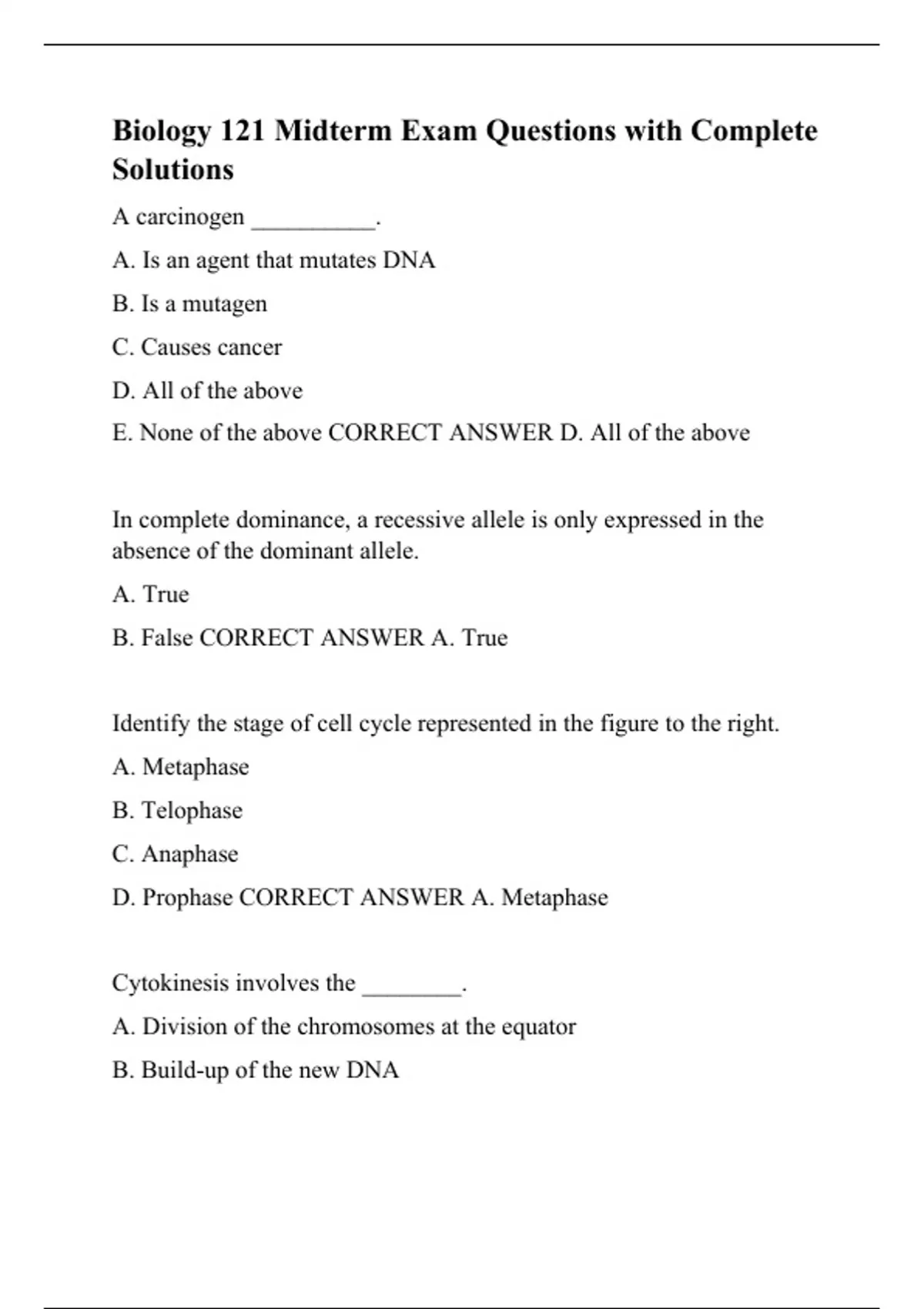Biology 121 Midterm Exam Questions with Complete Solutions - Biology ...