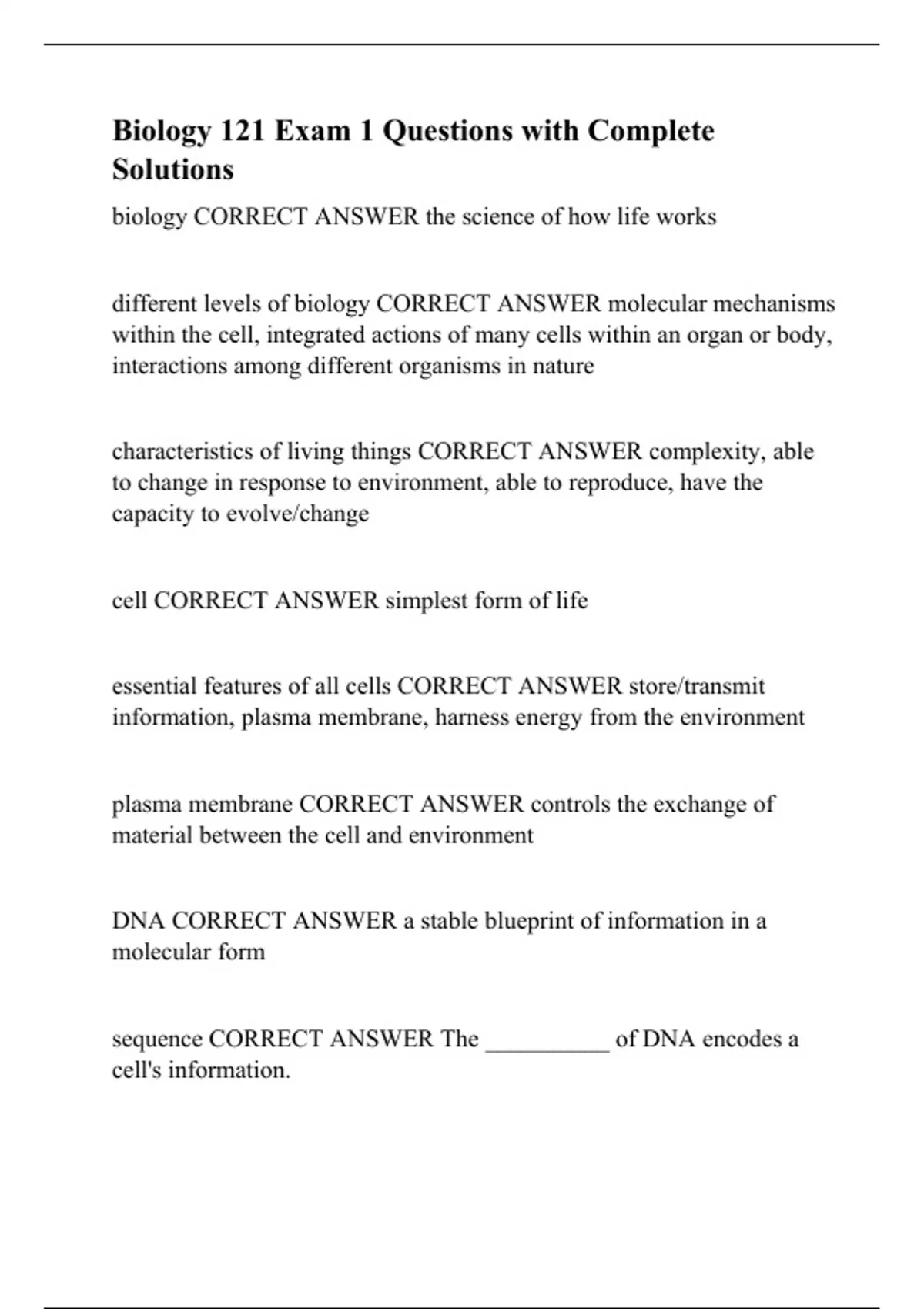 Biology 121 Exam 1 Questions with Complete Solution - Biology - Stuvia US