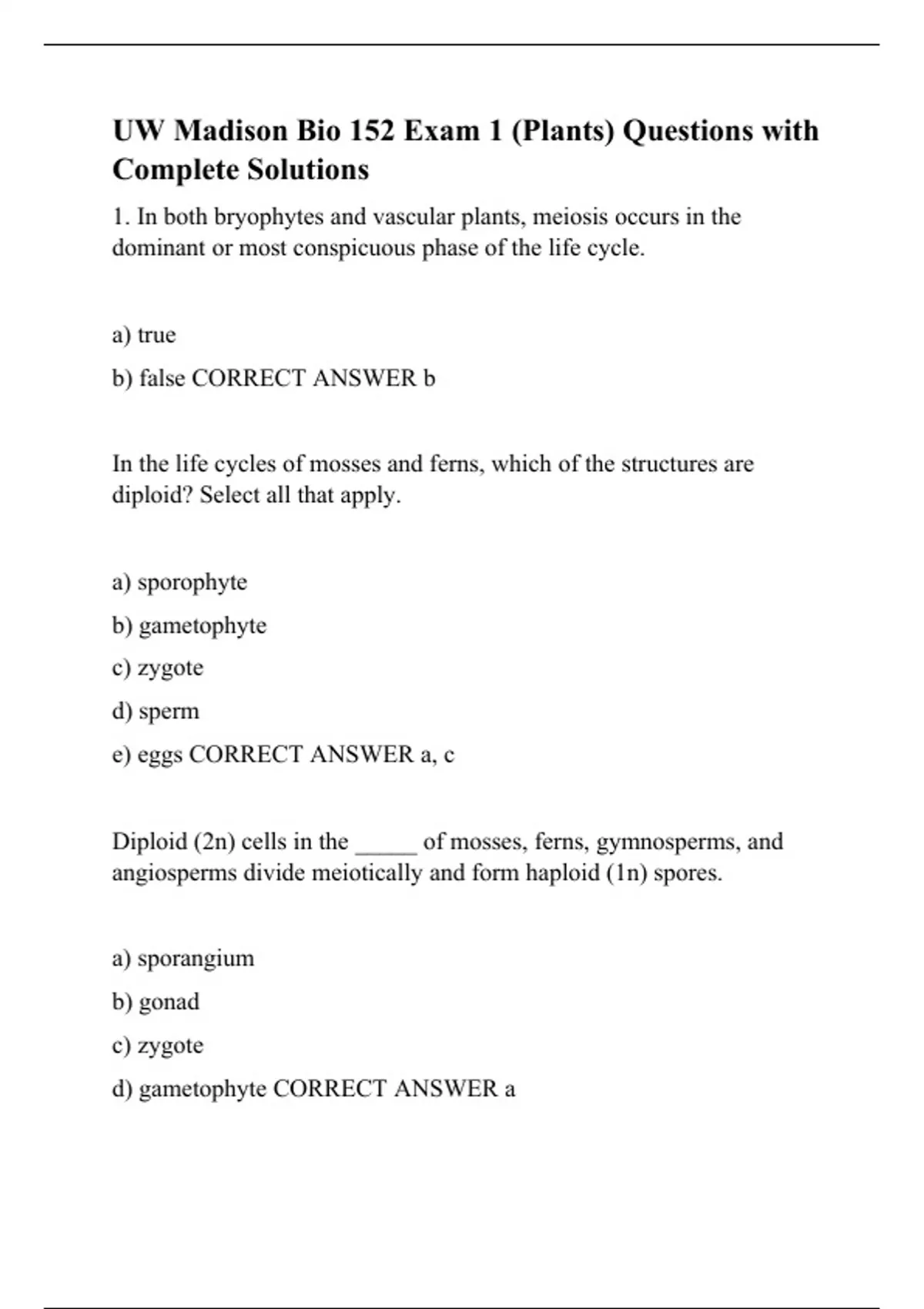 UW Madison Bio 152 Exam 1 (Plants) Questions with Complete Solutions ...