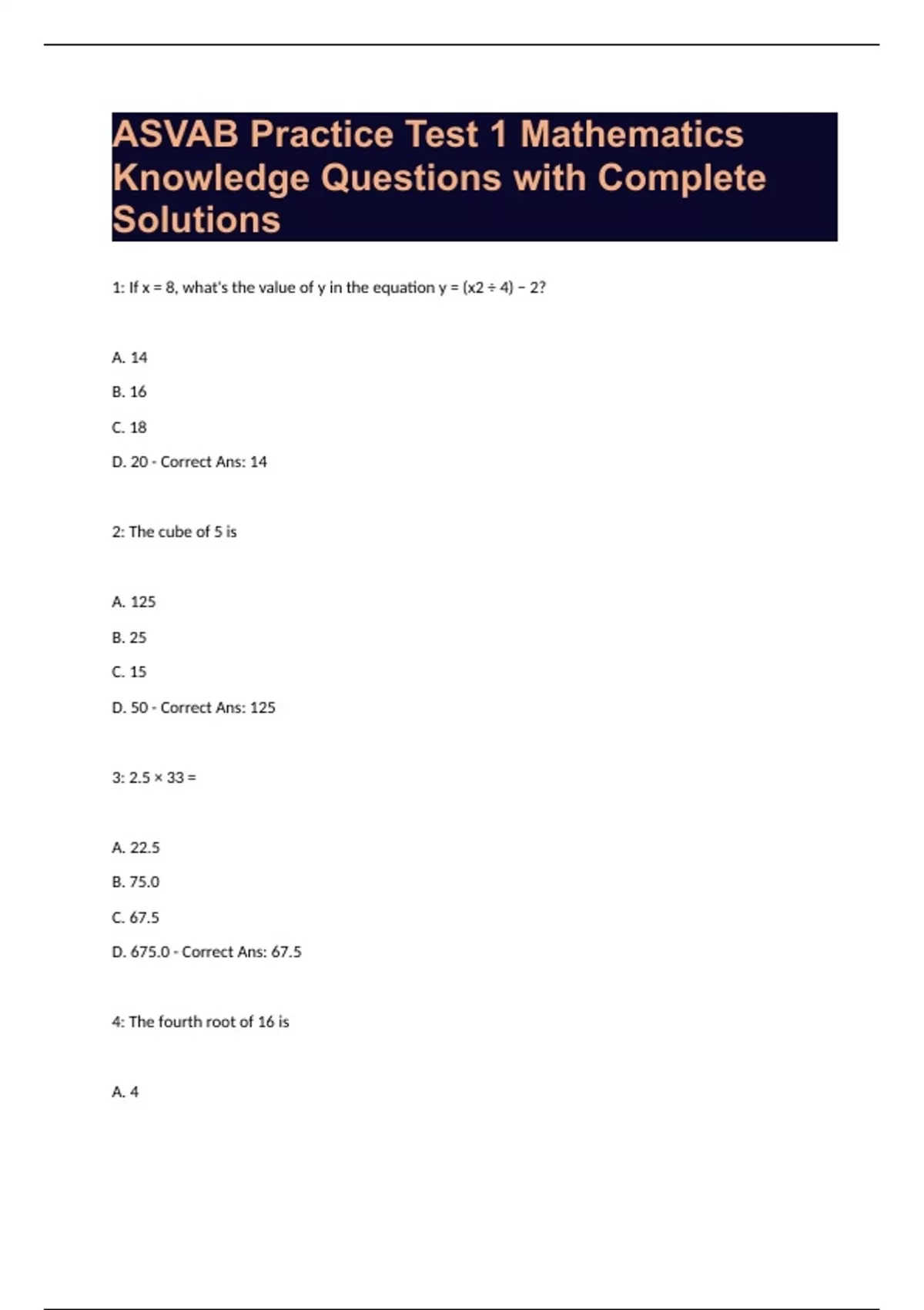 ASVAB Practice Test 1 Mathematics Knowledge Questions with Complete ...