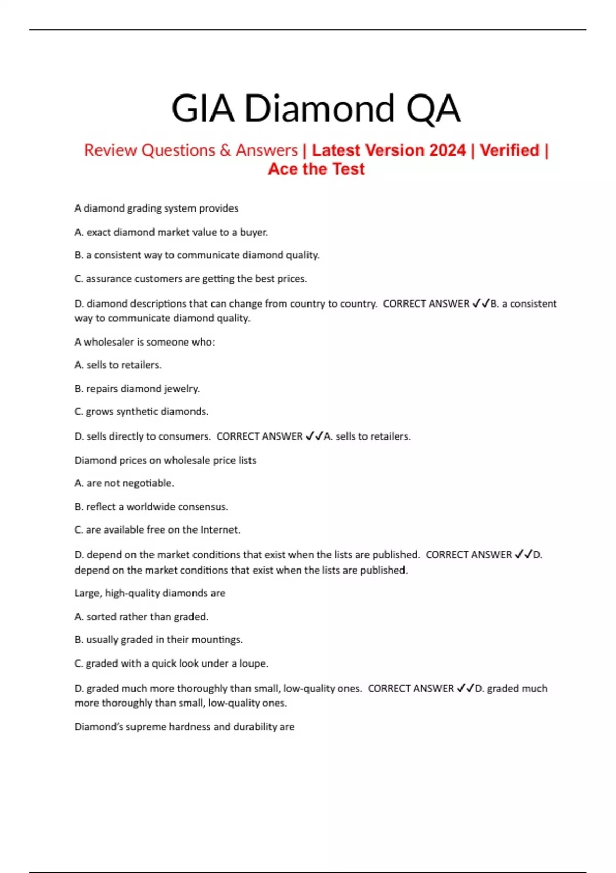 GIA Diamond QA Review Questions & Answers | Latest Version 2024 ...