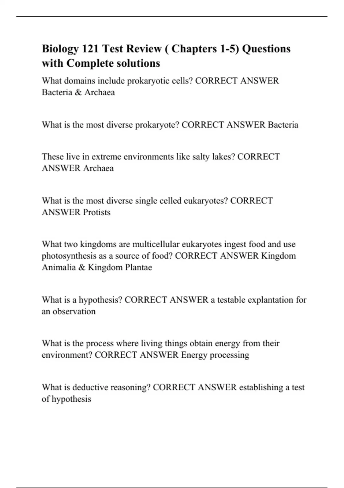 Biology 121 Test Review ( Chapters 1-5) Questions with Complete ...