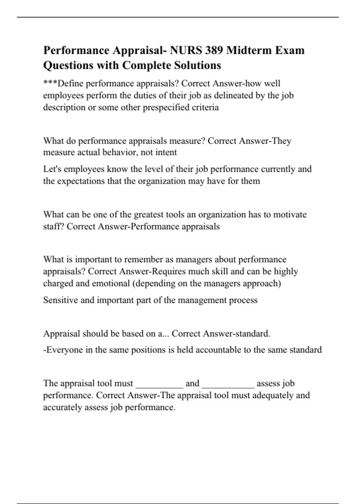 Performance Appraisal- NURS 389 Midterm Exam Questions with Complete ...