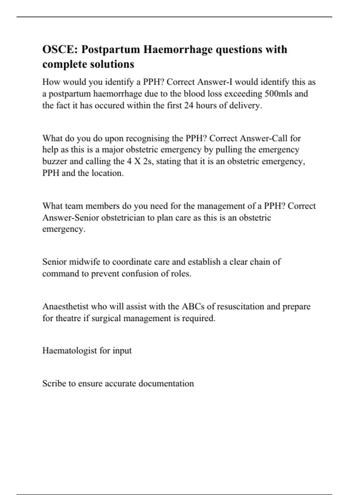 OSCE: Postpartum Haemorrhage questions with complete solutions ...