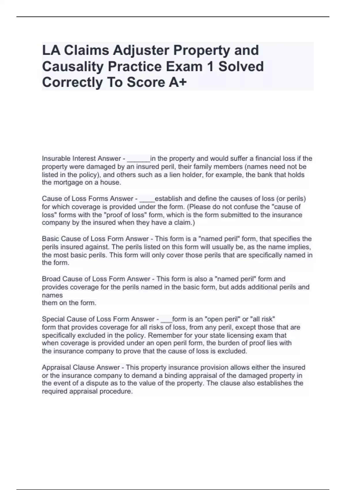 LA Claims Adjuster Property and Causality Practice Exam 1 Solved ...