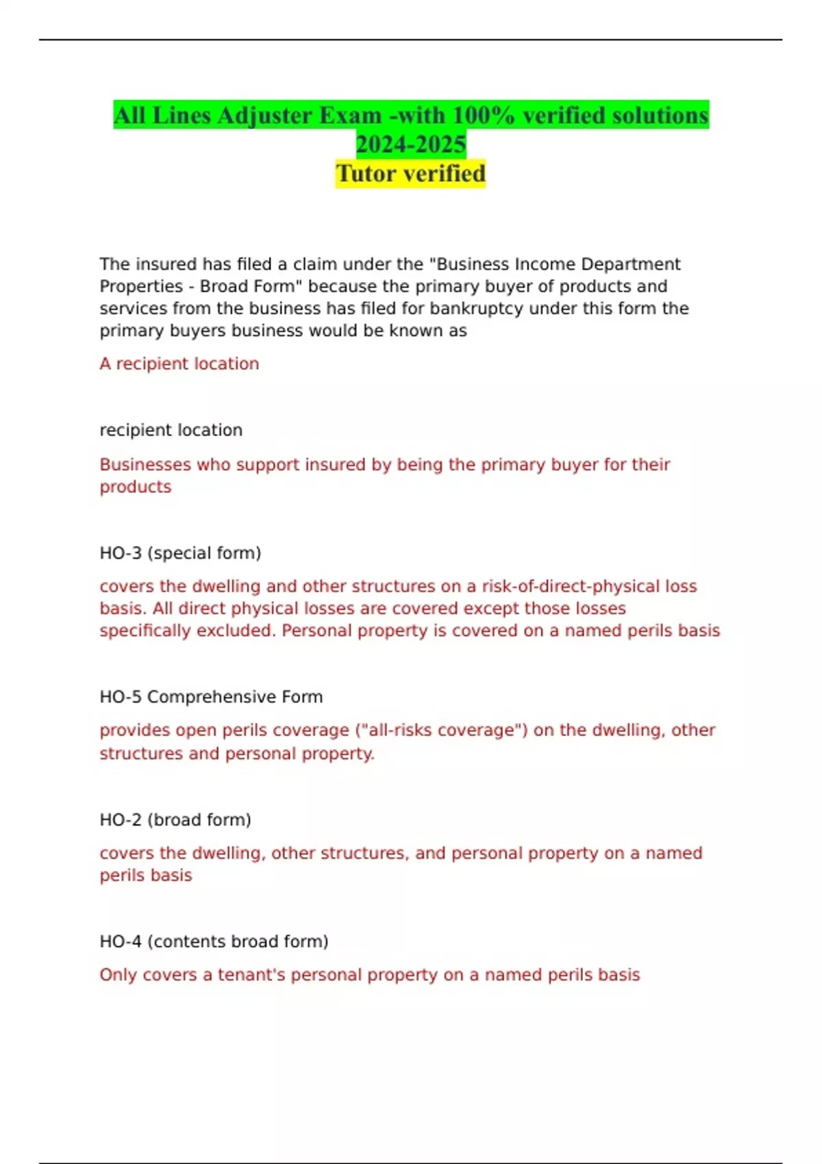 All Lines Adjuster Exam -with 100% verified solutions - ALL LINES ...