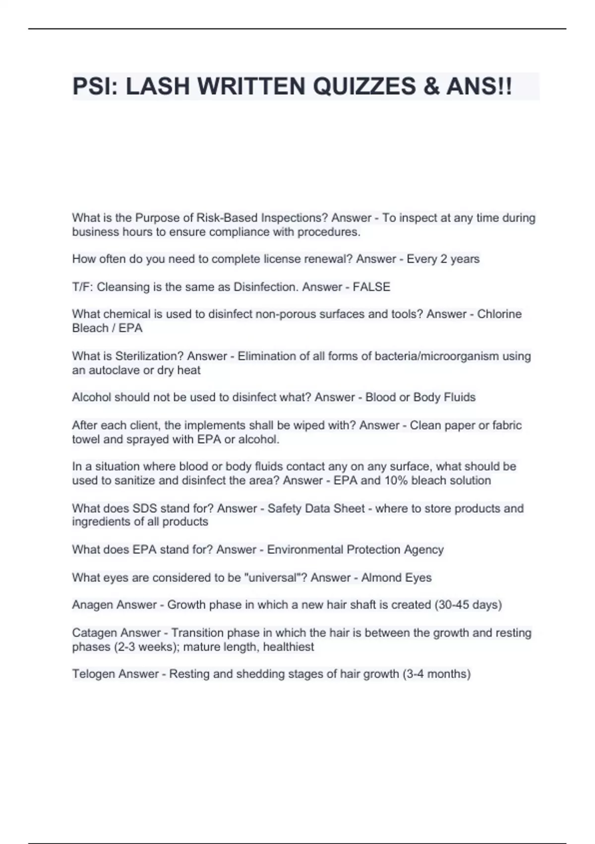 PSI: LASH WRITTEN QUIZZES & ANS!! - PSI LASH - Stuvia US