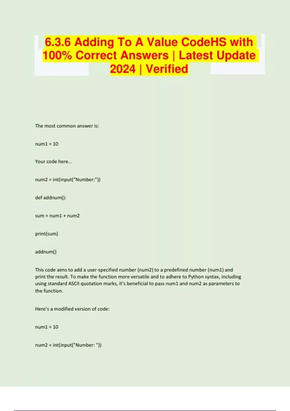 6.3.6 Adding To A Value CodeHS with 100% Correct Answers | Latest ...