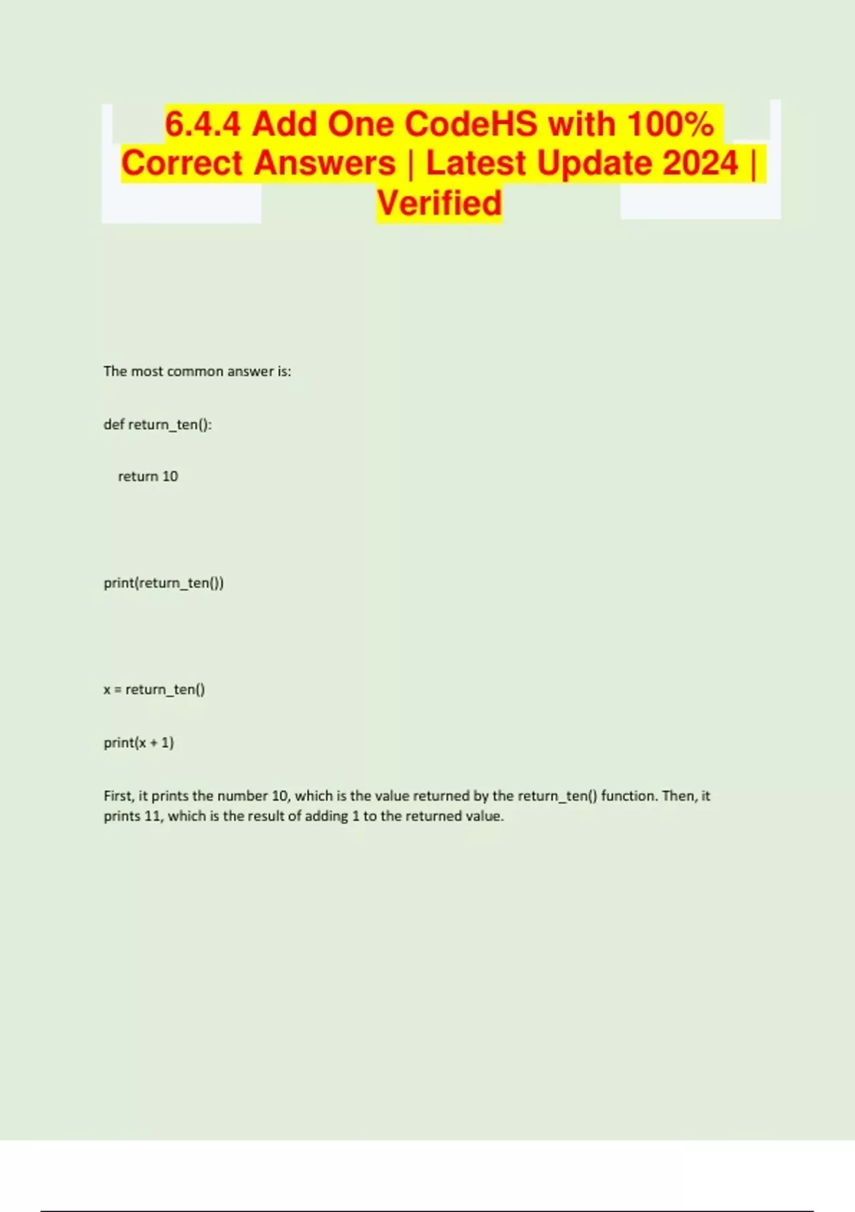 6.4.4 Add One CodeHS with 100% Correct Answers | Latest Update 2024 ...