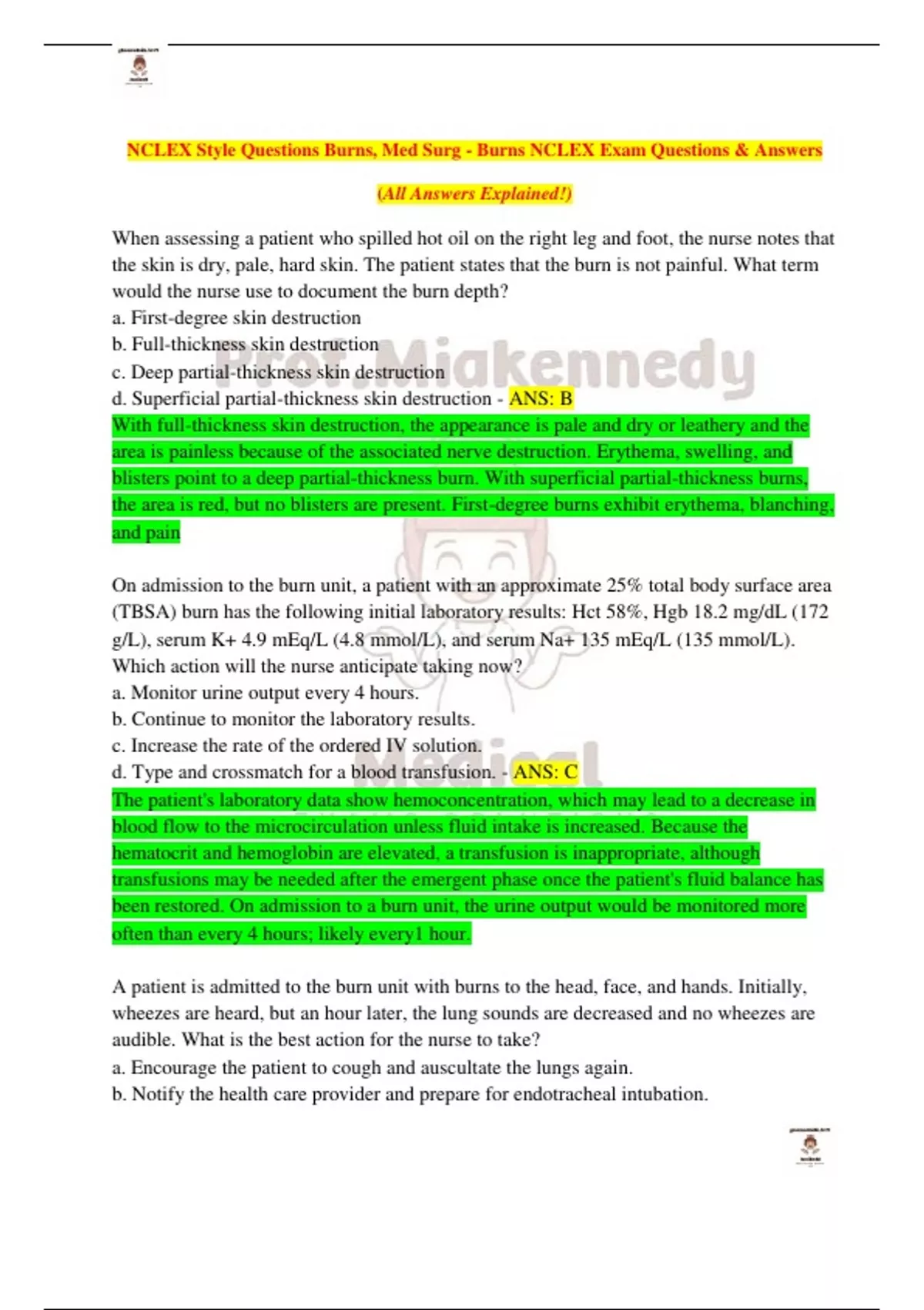 NCLEX Style Questions Burns, Med Surg - Burns NCLEX Exam Questions ...