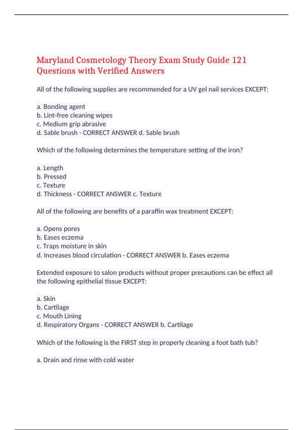 Maryland Cosmetology Theory Exam Study Guide 121 Questions with ...