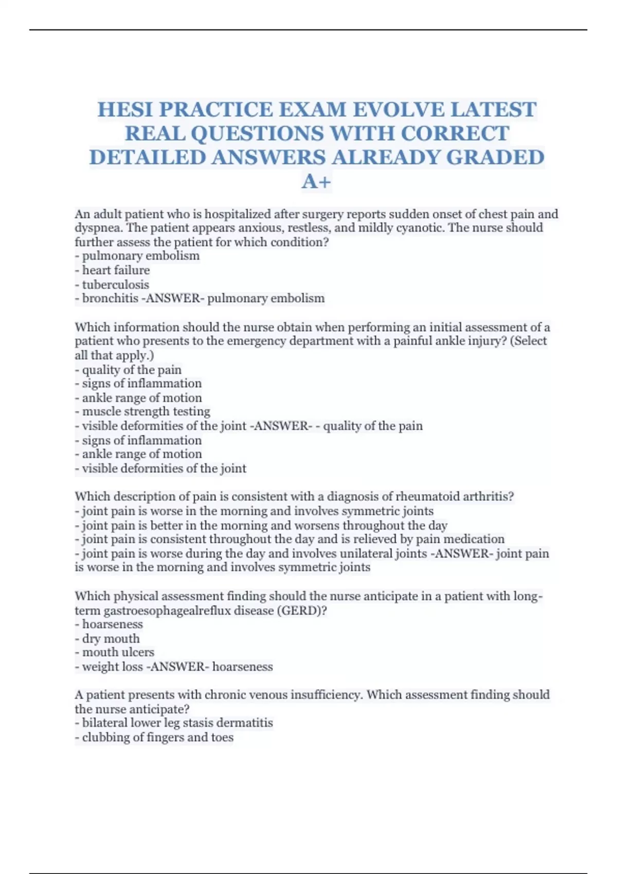 HESI PRACTICE EXAM EVOLVE LATEST REAL QUESTIONS WITH CORRECT DETAILED ...