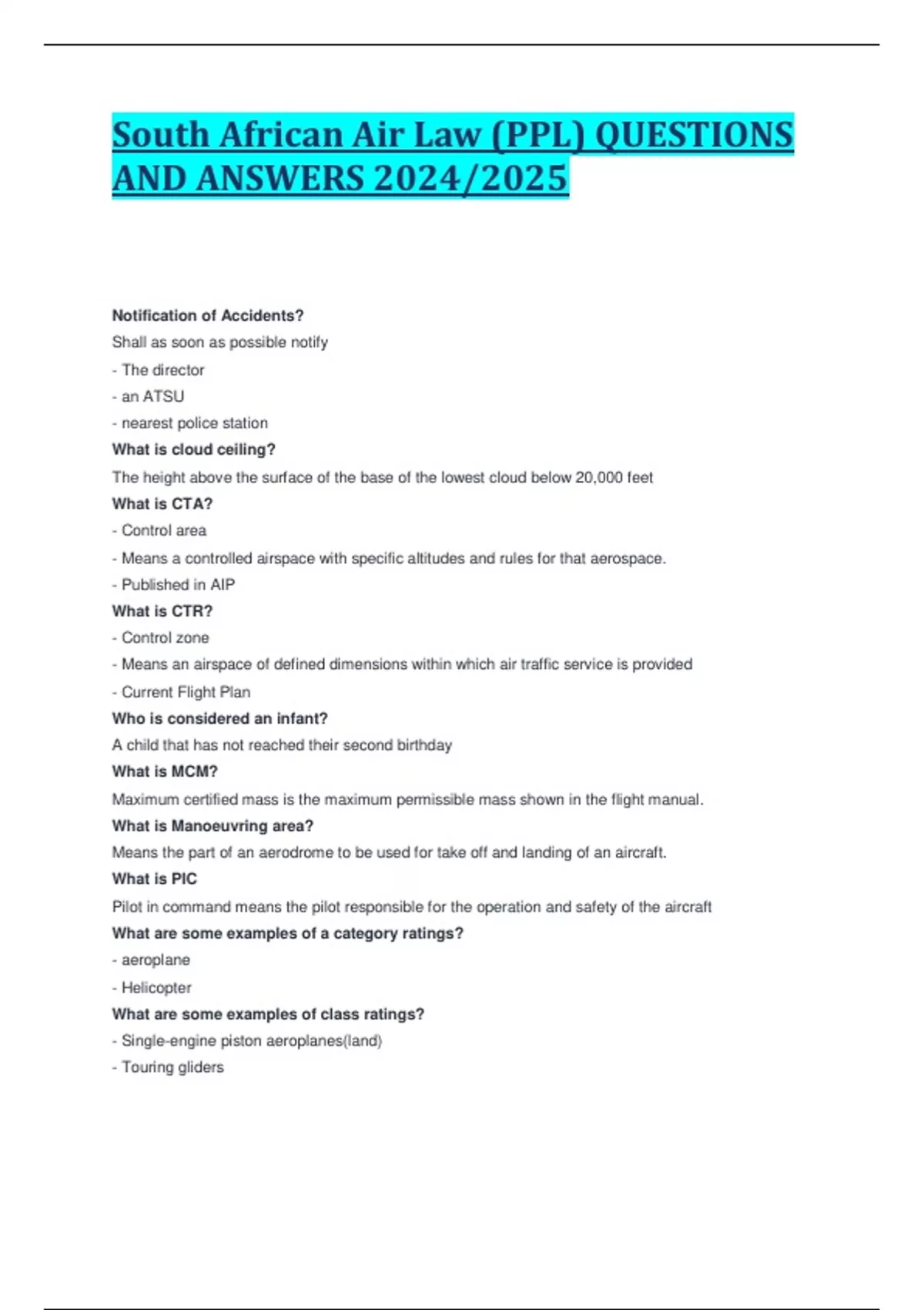 South African Air Law (PPL) QUESTIONS AND ANSWERS 2024/2025 - South African Air Law - Stuvia US