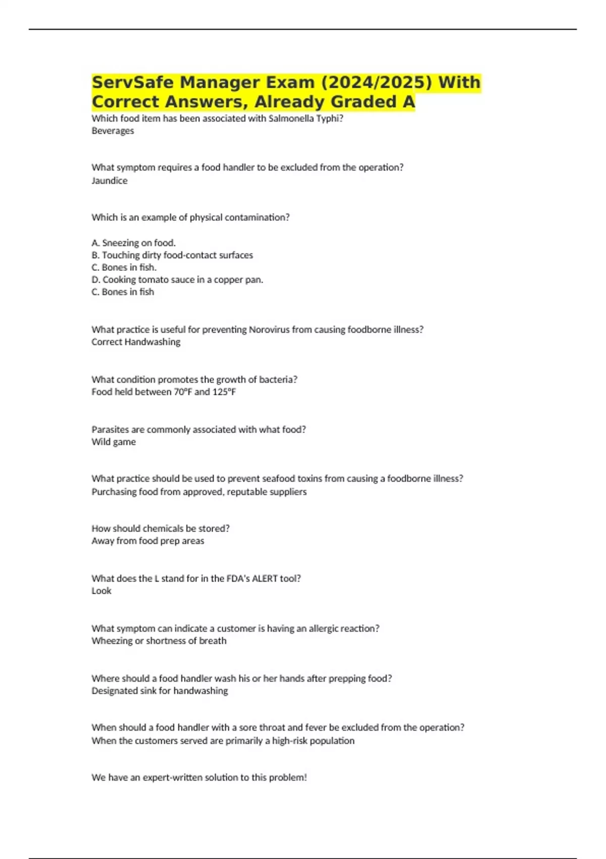 ServSafe Manager Exam (2024/2025) With Correct Answers, Already Graded ...